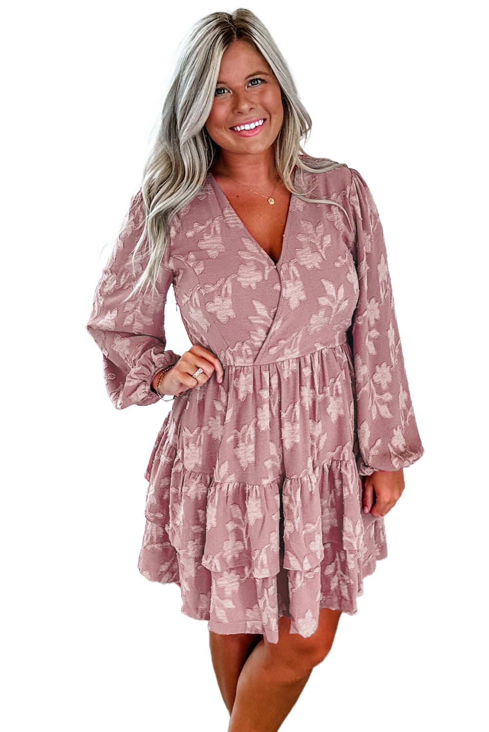 Plus Size Peach Blossom Floral Surplice V Neck Tiered Ruffled Dress for ...