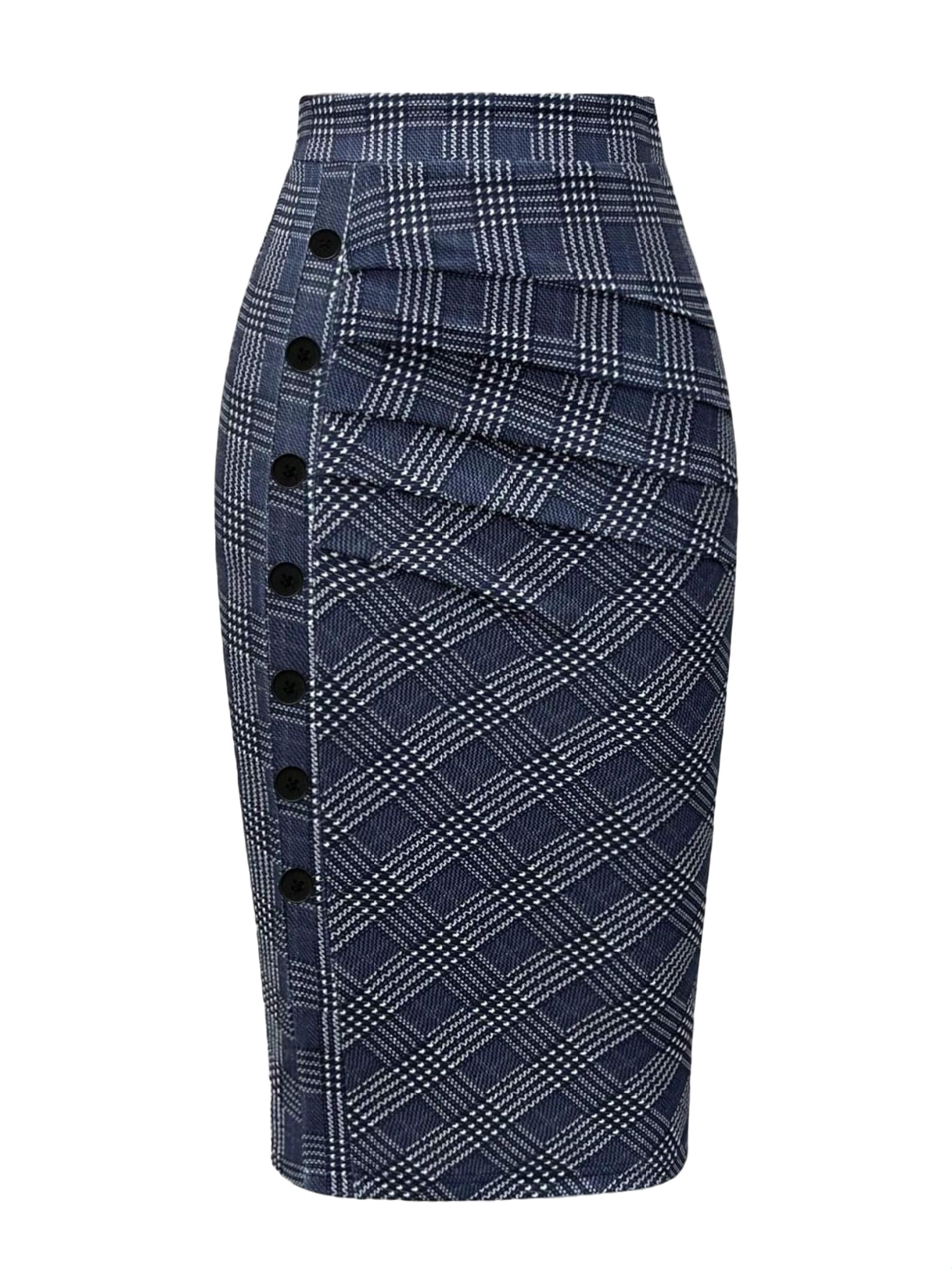 Plus Size Plaid Blue A-Line Button Decor Pencil Skirt for Autumn Winter ...