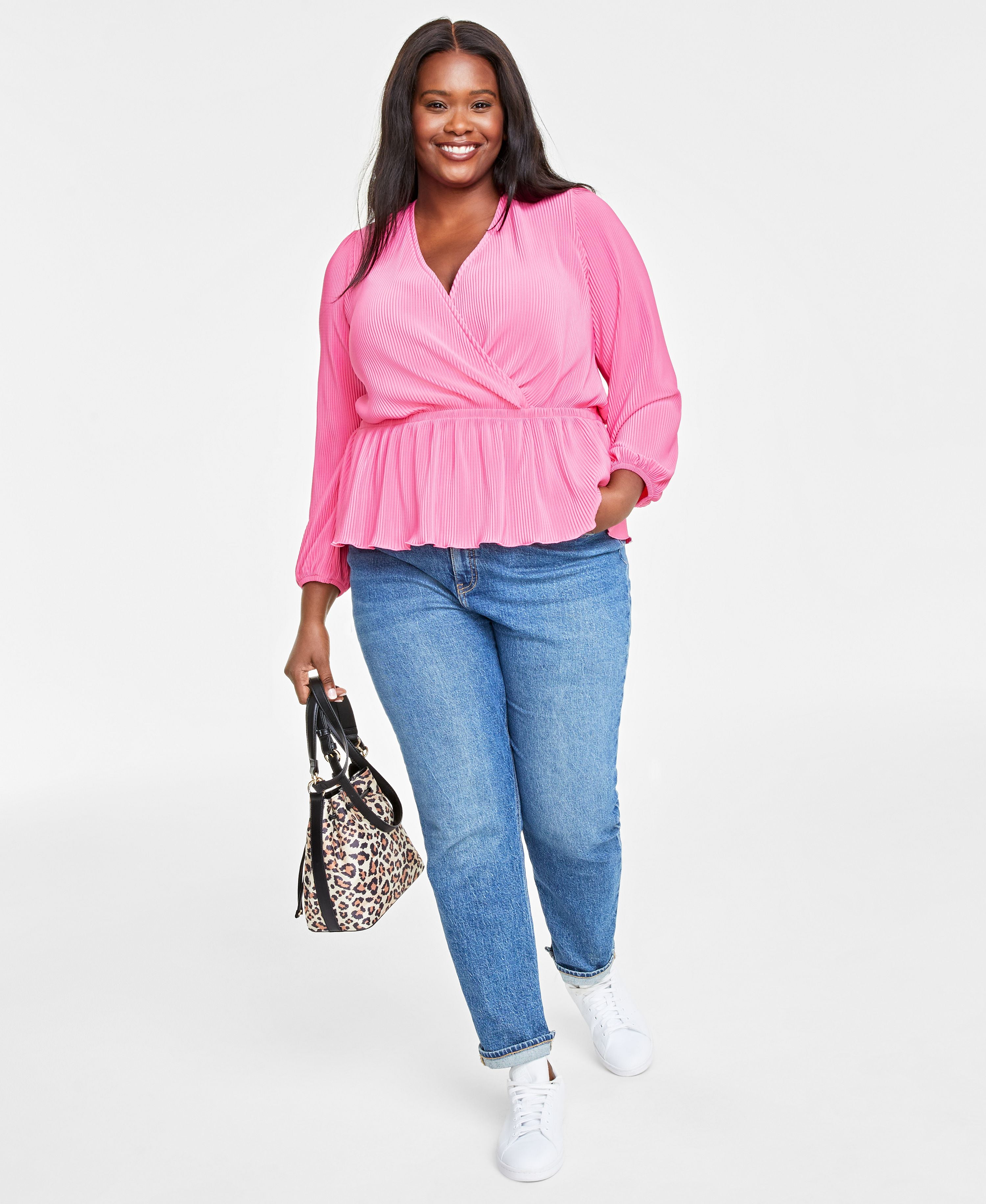 Plus Size Plissé Surplice-Neck Peplum Top Azalea Pink 3X - Walmart.com