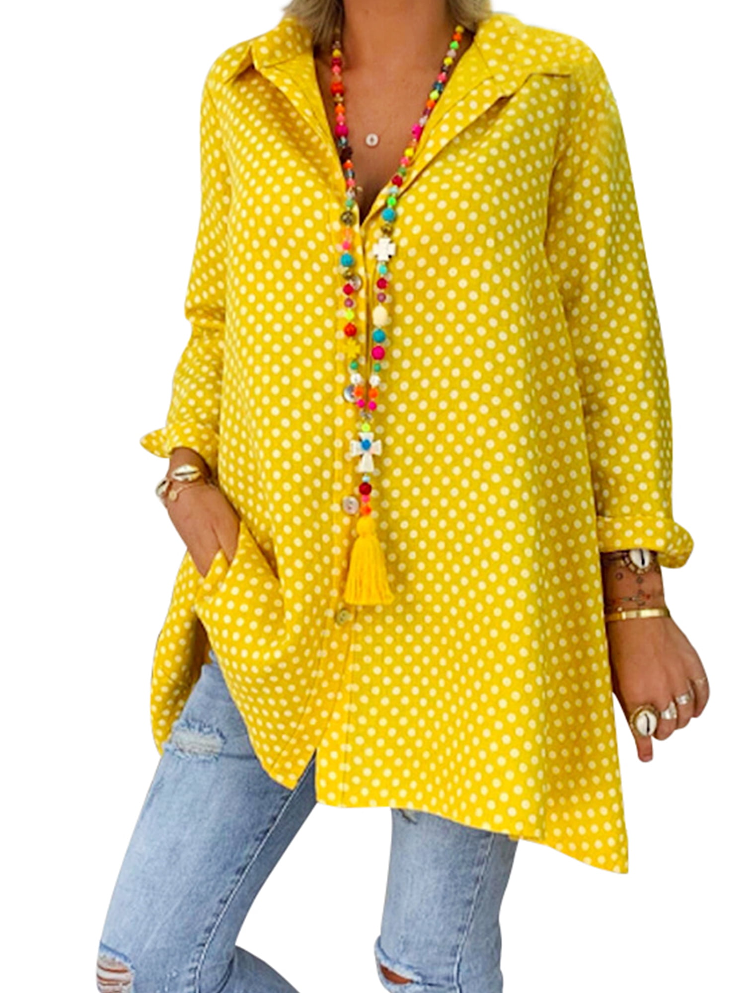 Plus Size Polka Dot Tops Women Roll Up Sleeve Casual Buttons Down Neck ...