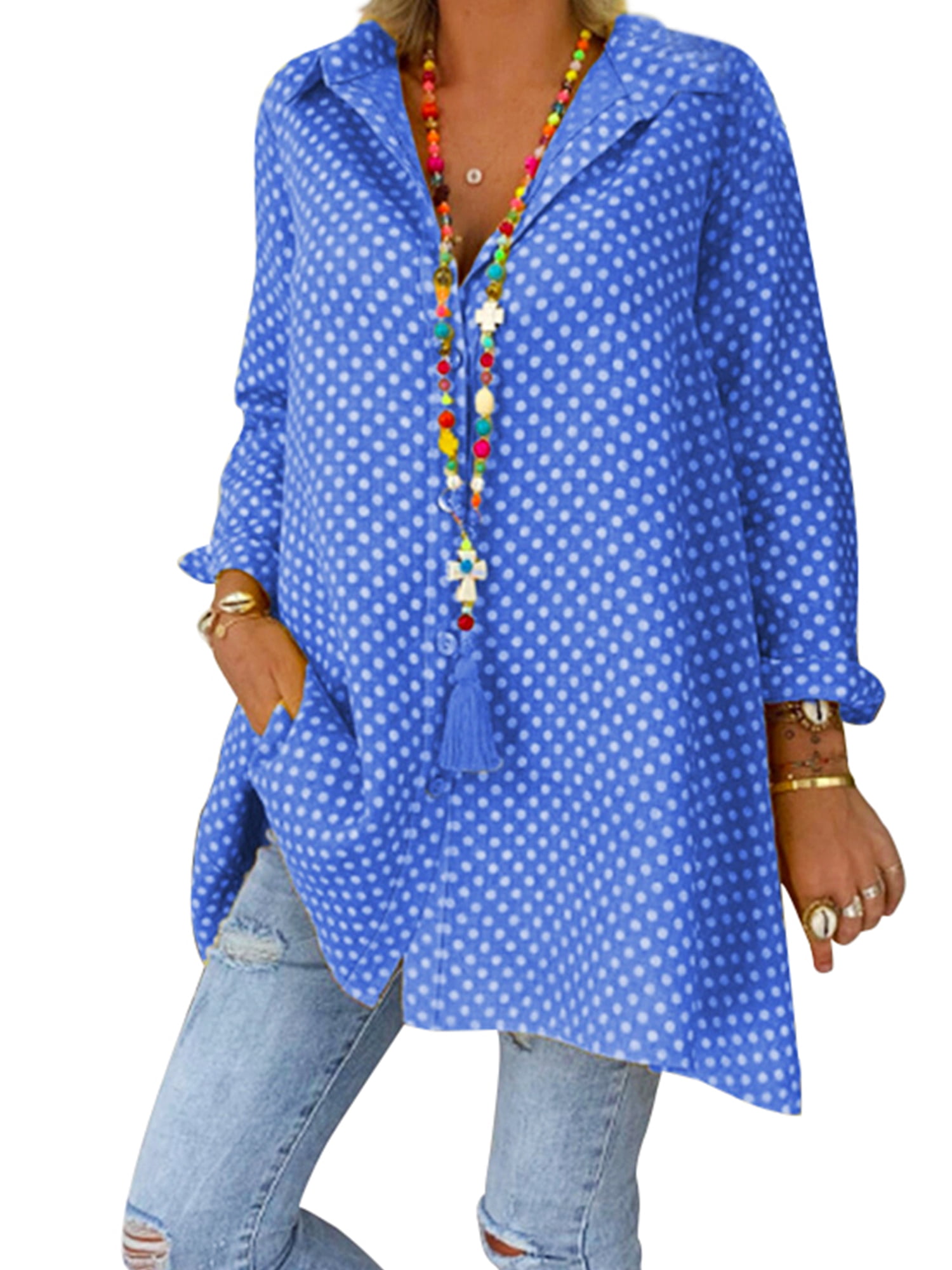 Plus Size Polka Dot Tops Women Roll Up Sleeve Casual Buttons Down Neck ...