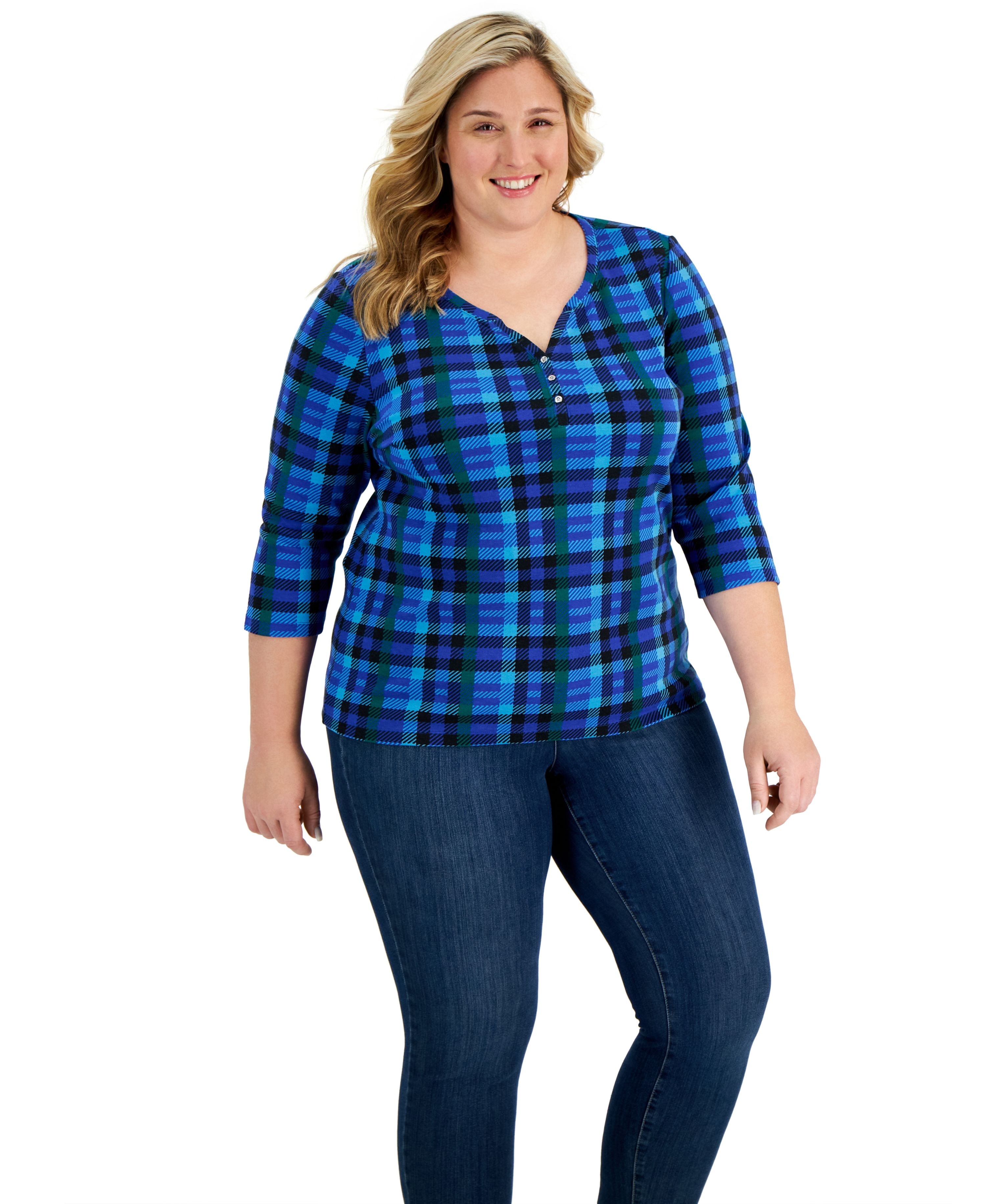Plus Size Printed Henley Top Ultra Blue 0X - Walmart.com