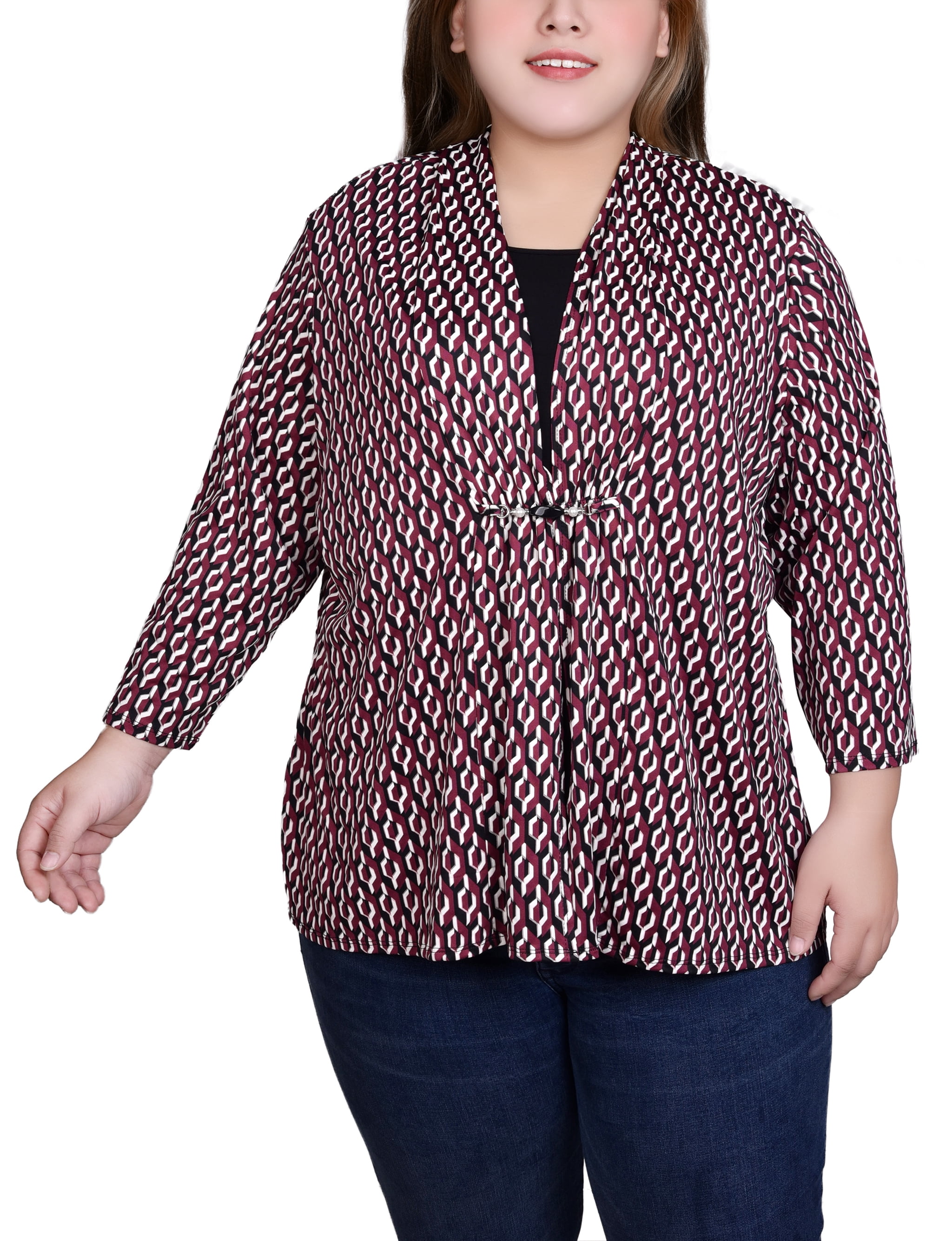 Plus Size Puff Print 3/4 Sleeve Two-Fer Top - Walmart.com
