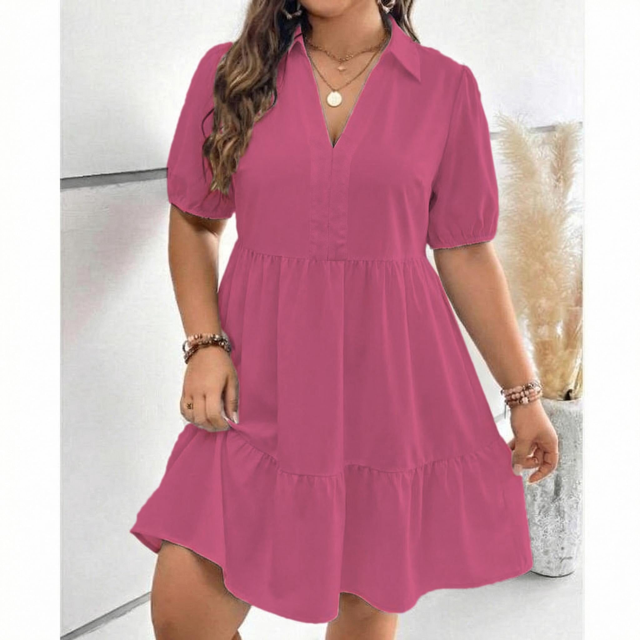 Plus Size Puff Sleeve Ruffle Hem Dress A Line Soft Fabric Vneck Short
