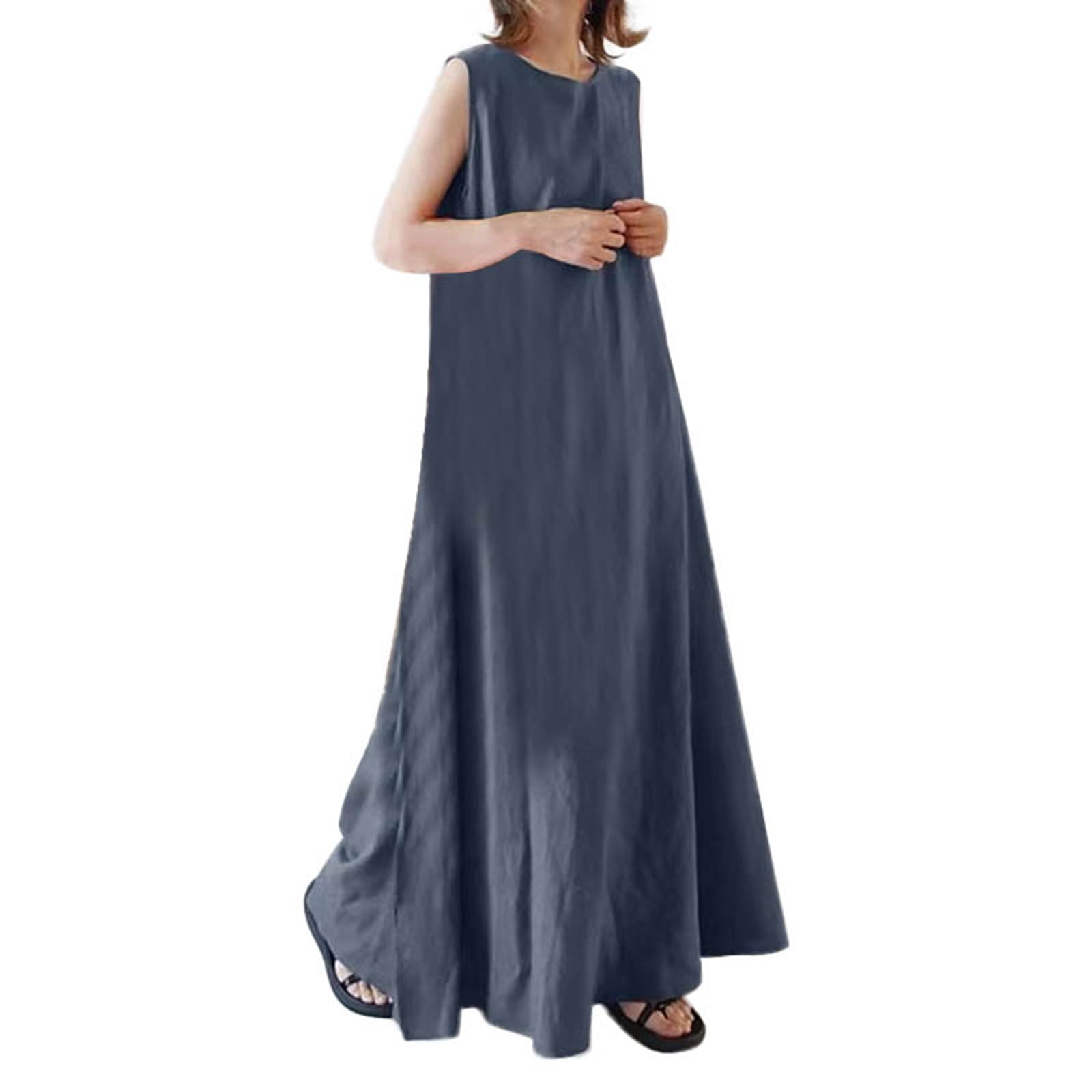 Plus Size Pure Color Linen Blend Maxi Dress - Sleeveless Wide Flare Hem ...