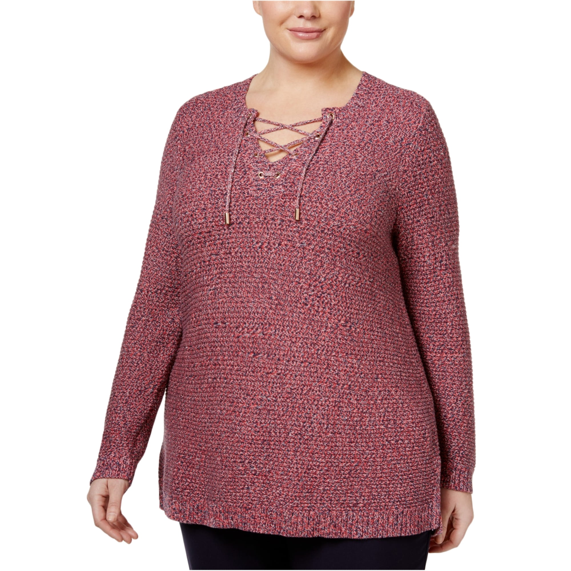 Plus Size Red Multi Marled Lace-Up Sweater 1X - Walmart.com
