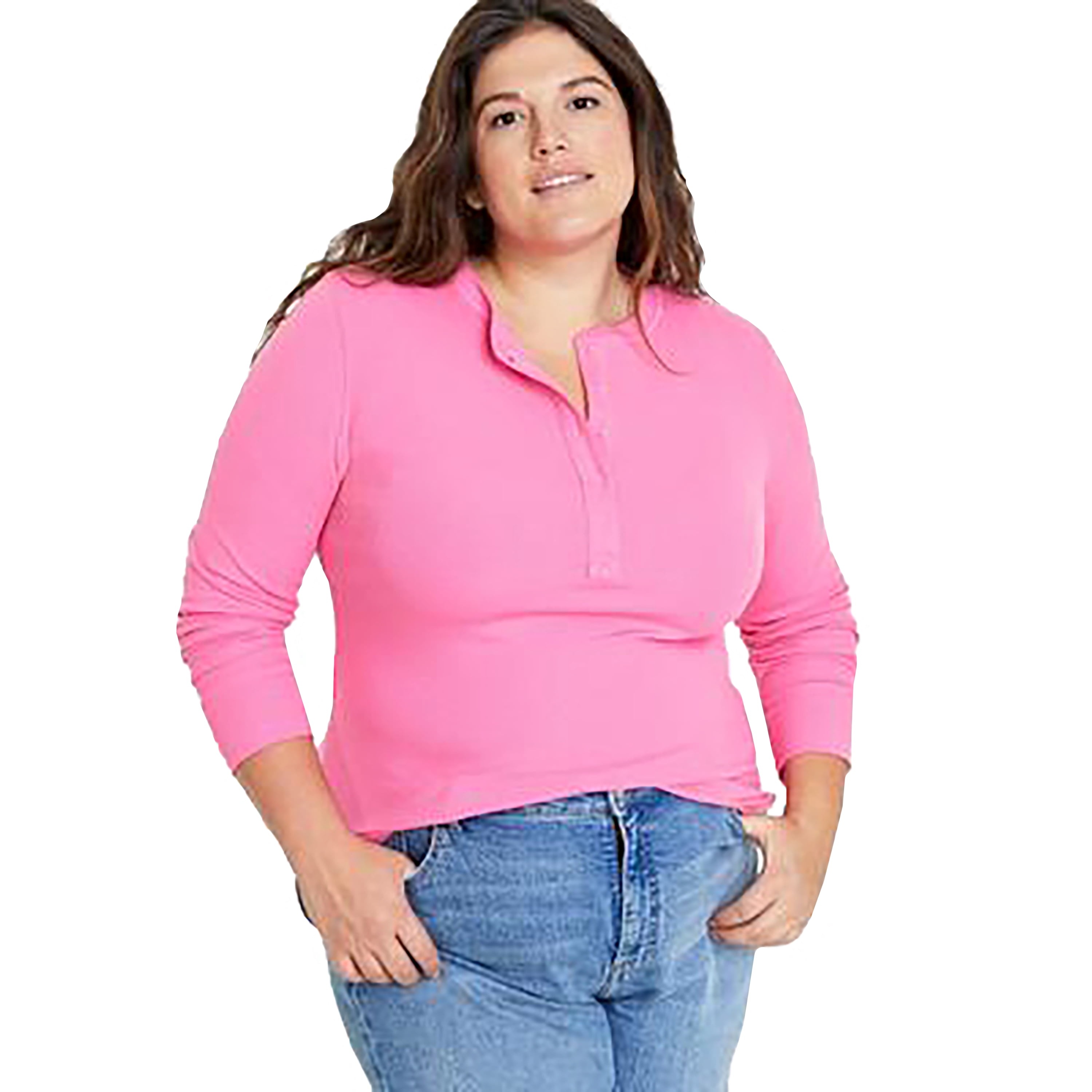 On 34th Plus Size Ribbed Long-Sleeve Henley Top Azalea Pink 3X ...