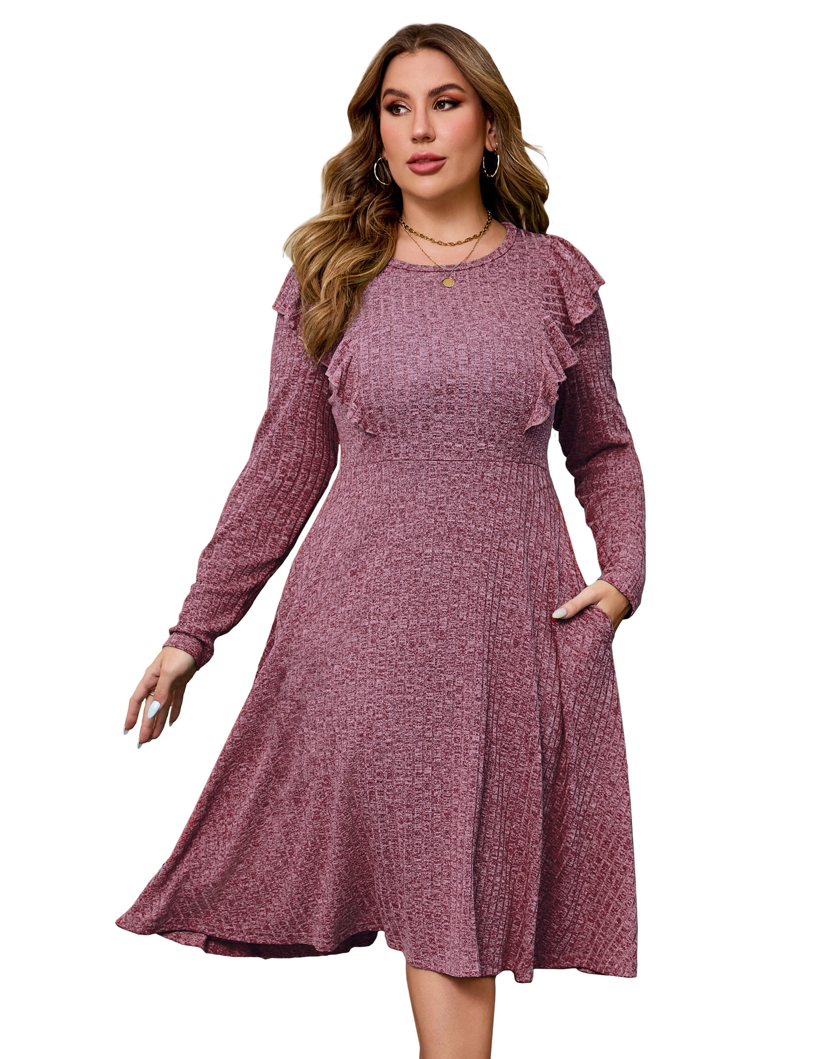 Plus Size Ruffle Fall Dress Women Crew Neck Casual Midi Dress Long ...