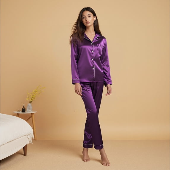 Plus Size Satin Pajamas for Women, Long Sleeves, Thin Silk Casual Home ...