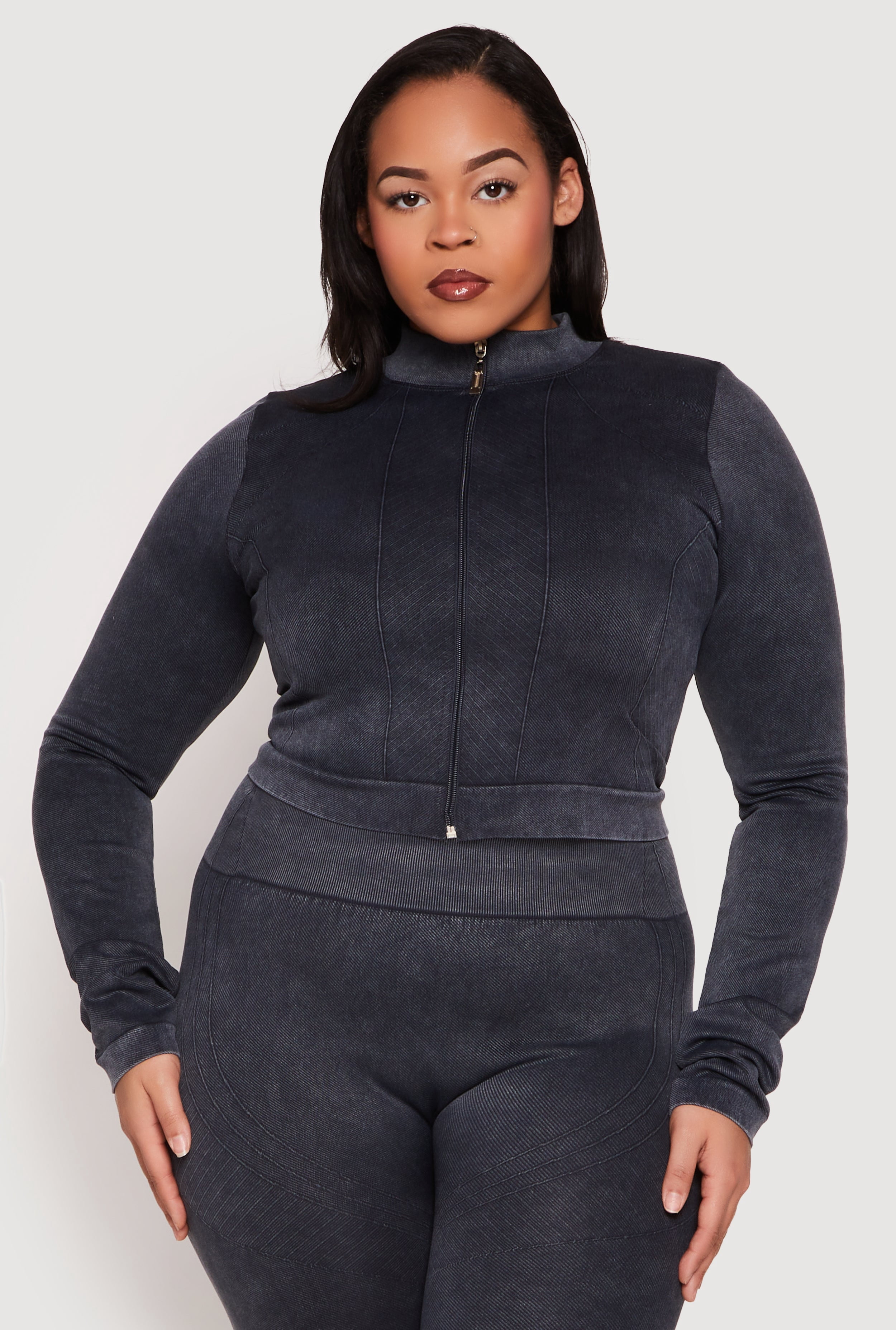 Womens Plus Size Seamless Acid Wash Mock Neck Track Jacket - Walmart.com