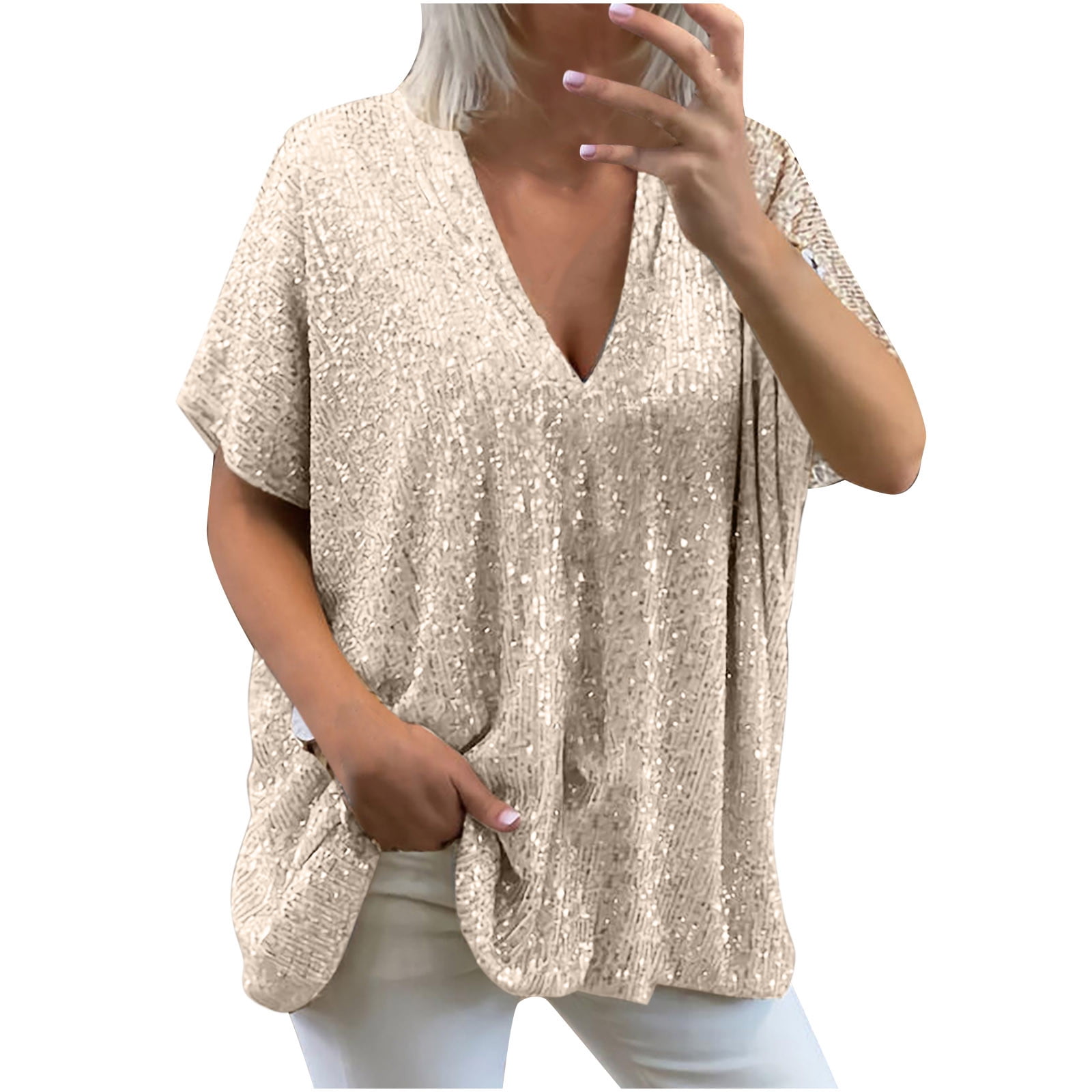 Plus Size Sequin Tops Women Fashion V Neck Loose Short Sleeve Sparkly ...