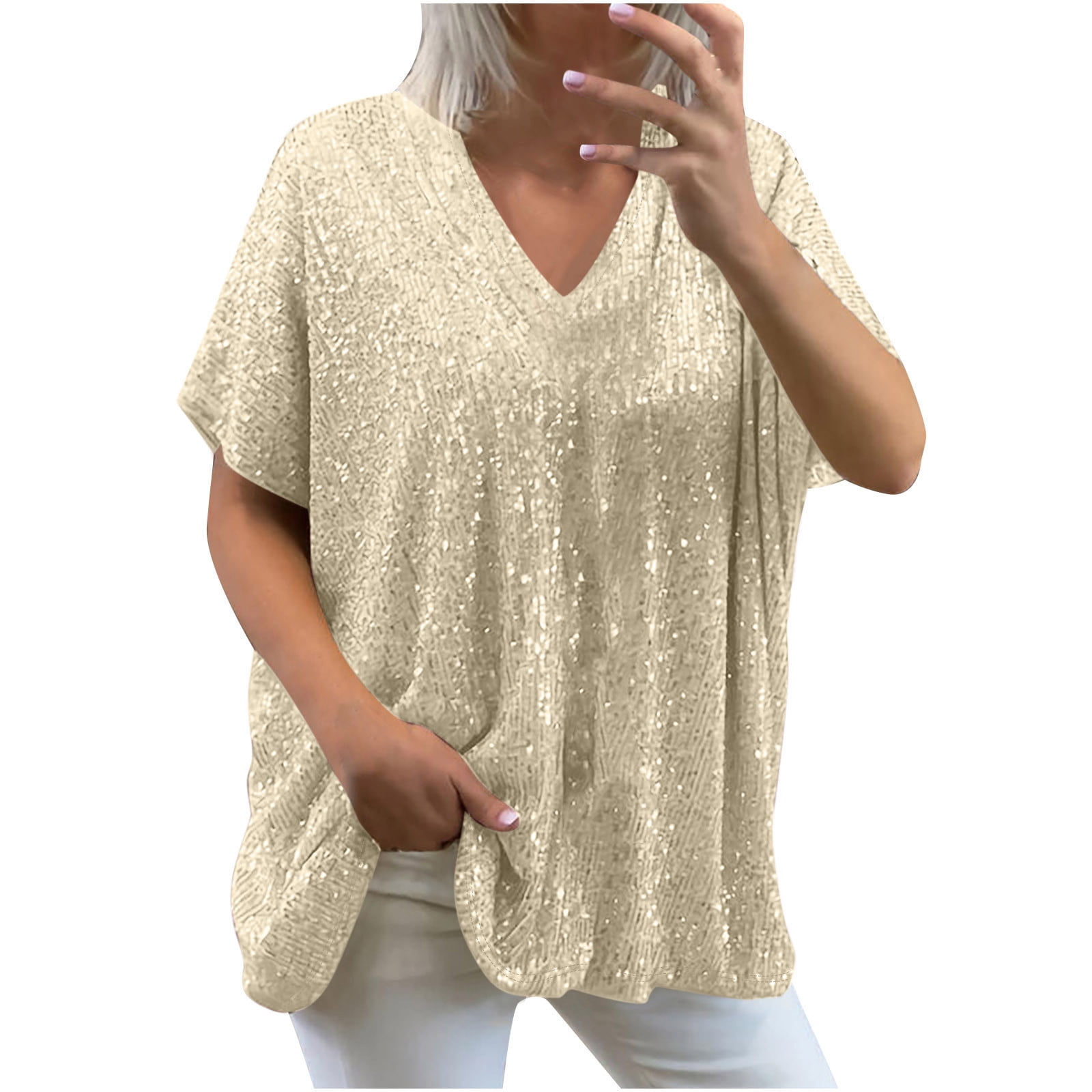 Plus Size Sequin Tops Women Fashion V Neck Loose Short Sleeve Sparkly ...