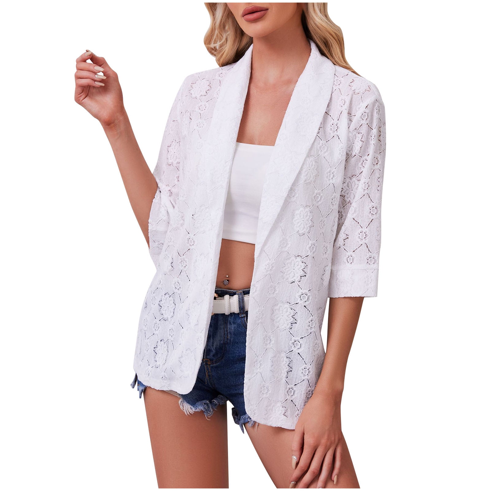 Plus Size Short Sleeve Cardigan Lace Blazers for Women, Open Front ...