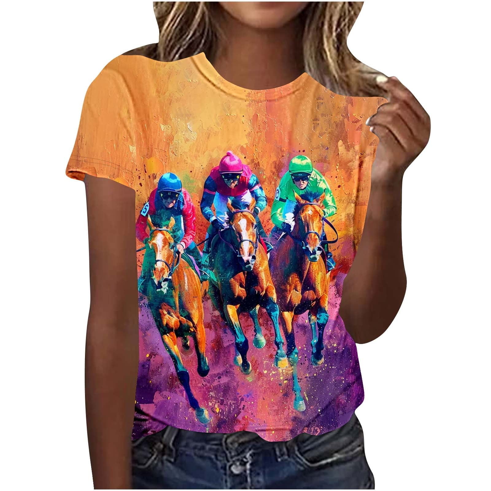 Plus Size Short Sleeve T Shirts Womens Summer Tops Horse Racing Printed T-Shirts Teen Girls ...