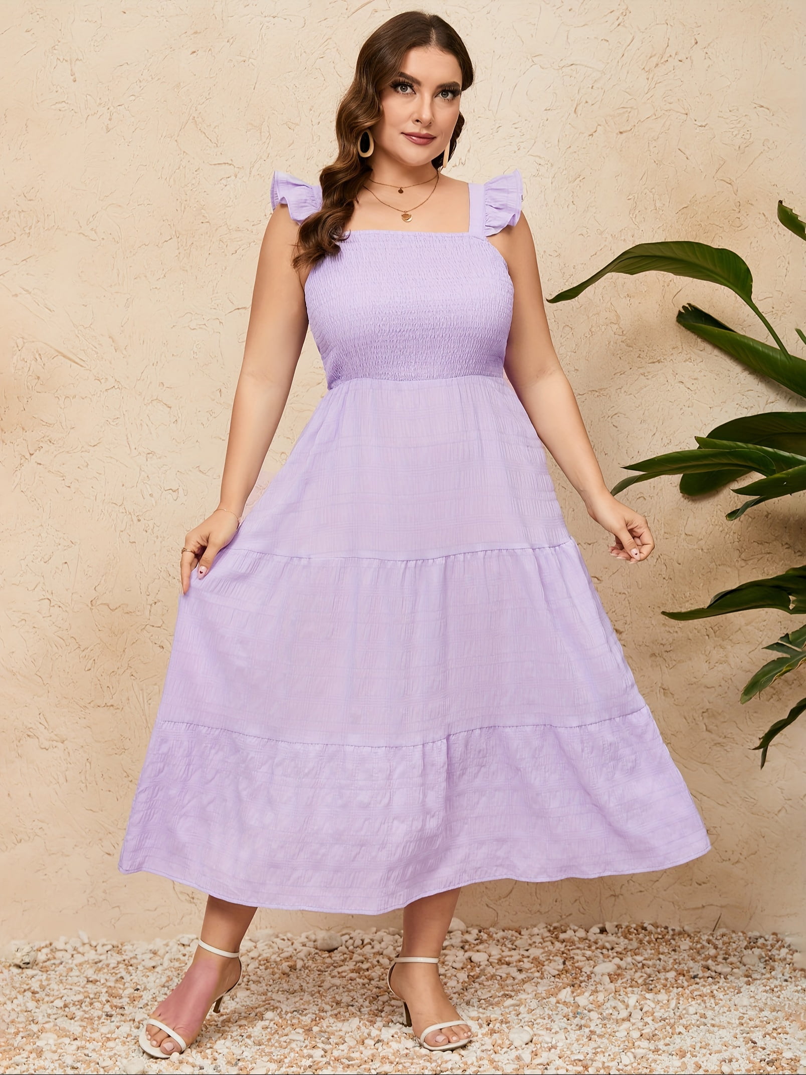 Plus Size Solid Shirred Tiered Dress, Elegant Flutter Sleeve Dress For ...