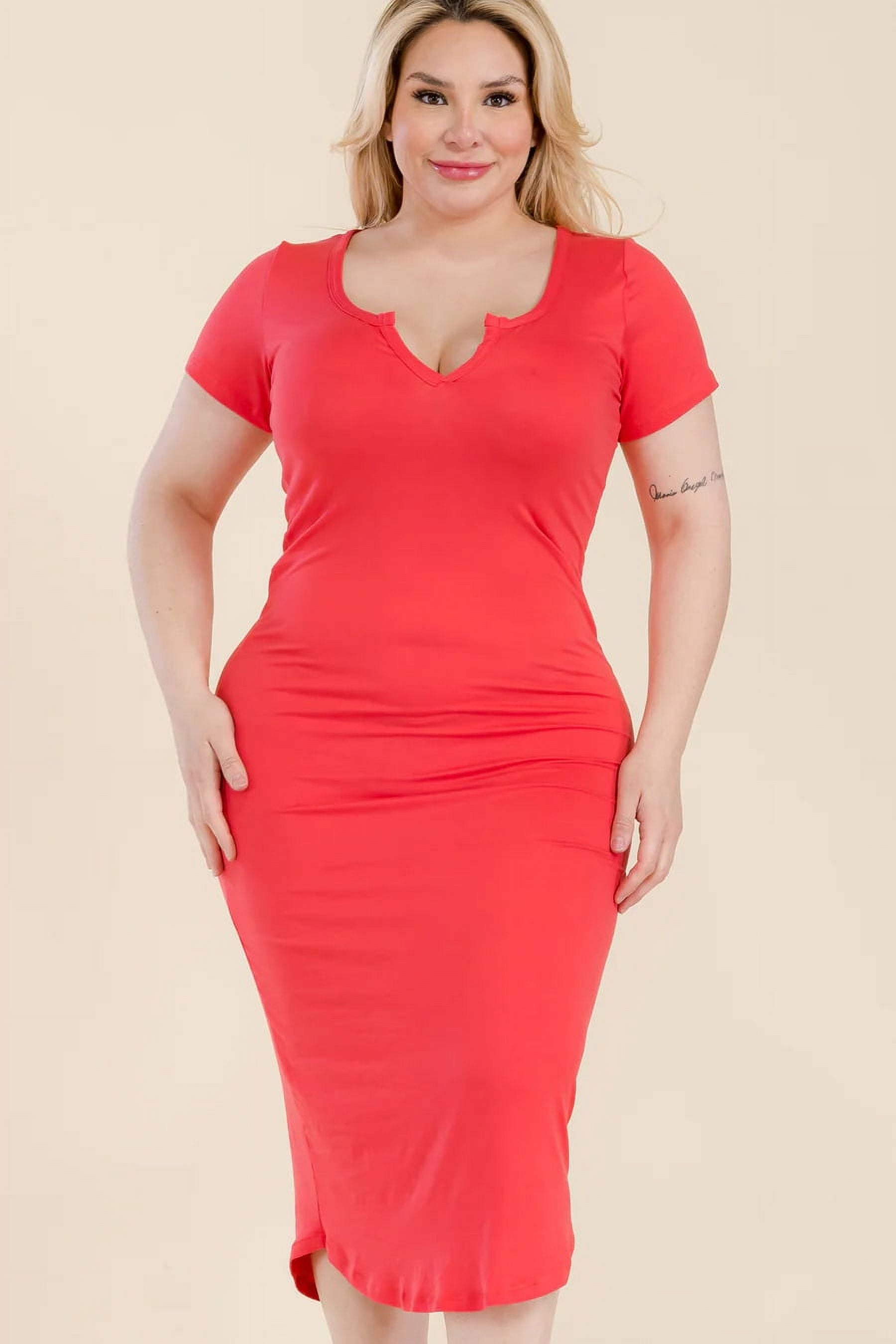 Plus Size Split Neck Bodycon Midi Dress Fiery Coral 2XL - Walmart.com