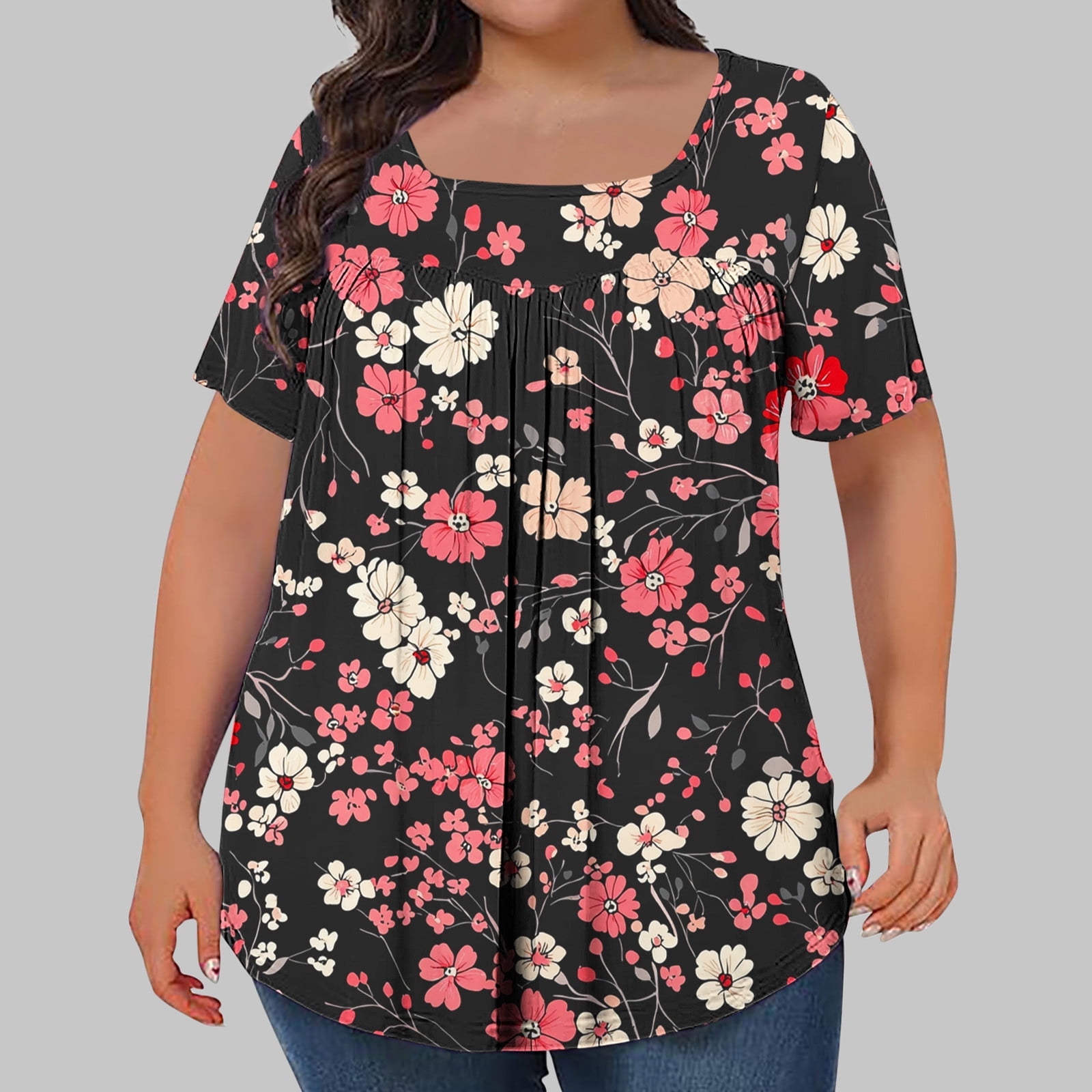 Plus Size Square Neck Floral Ruffle Short Sleeve Blouse - Loose Fit ...
