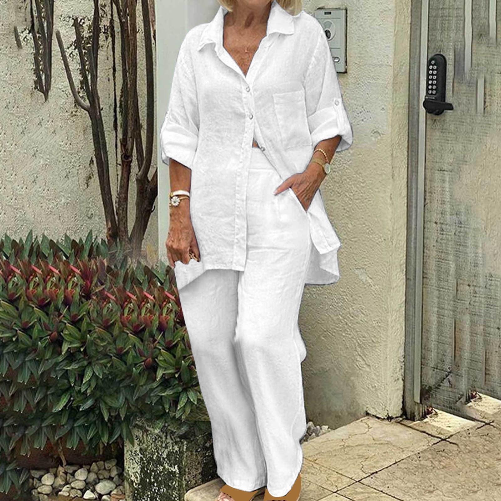 Plus Size Summer Outfits for Women 2 Piece Linen Sets Long Sleeve ...