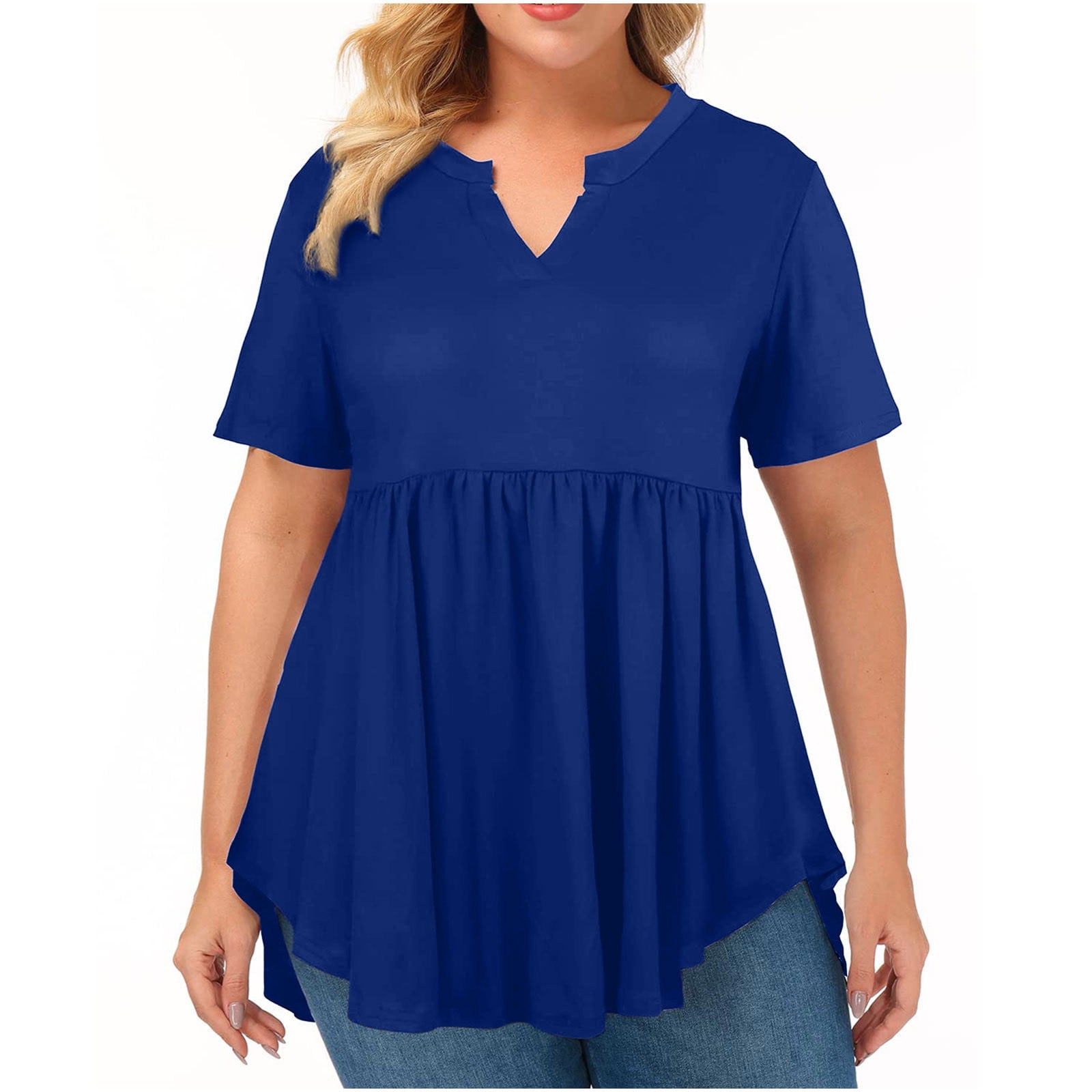 Plus Size Summer Tunic Tops for Women Notch V Neck Short Sleeve Dressy Blouses Pleated Casual ...