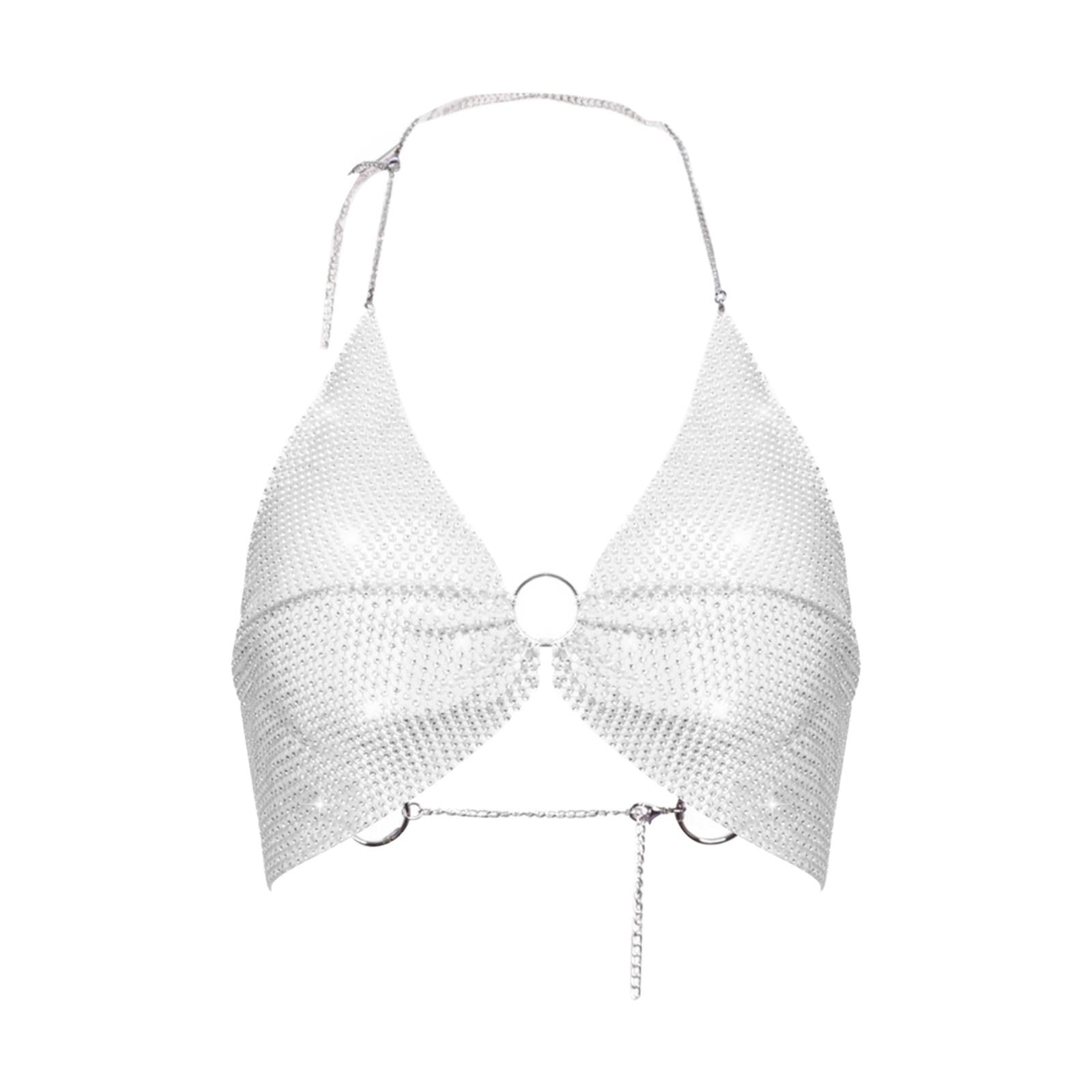 Plus Size Tank Tops For Women Super Sparkling Diamond Mesh Sexy Nightclub Chain Camisole White L