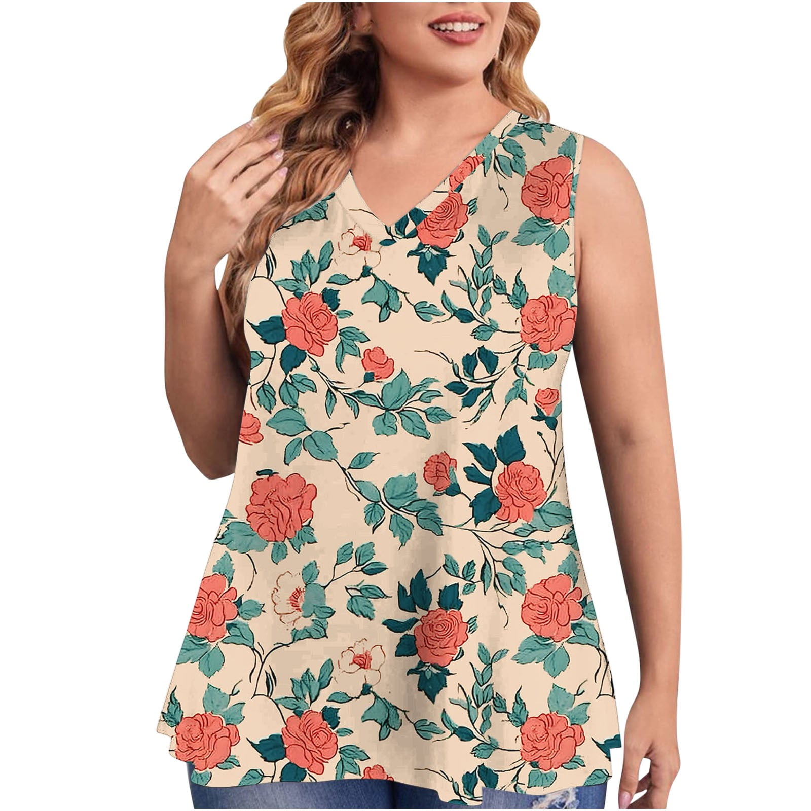 Plus Size Tank Tops for Women Fashion V Neck Pleated Floral Printed ...