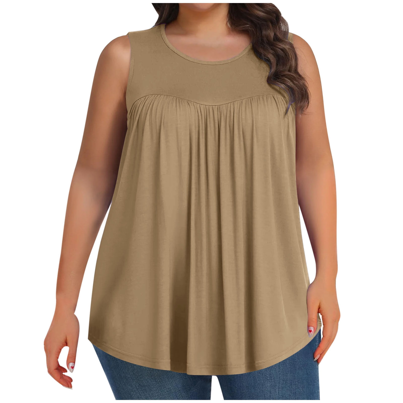 Plus Size Tank Tops for Women Summer Crew Neck Pleated Front Loose ...