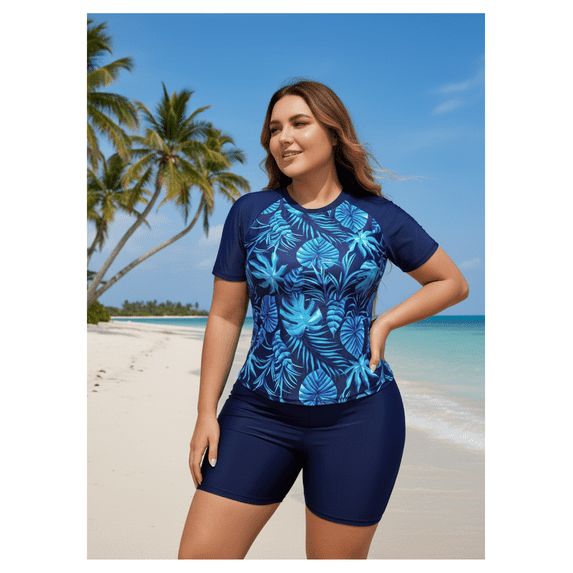 Plus Size Tankini Swimsuit - Women's Sky Blue & Dark Blue Contrasting ...