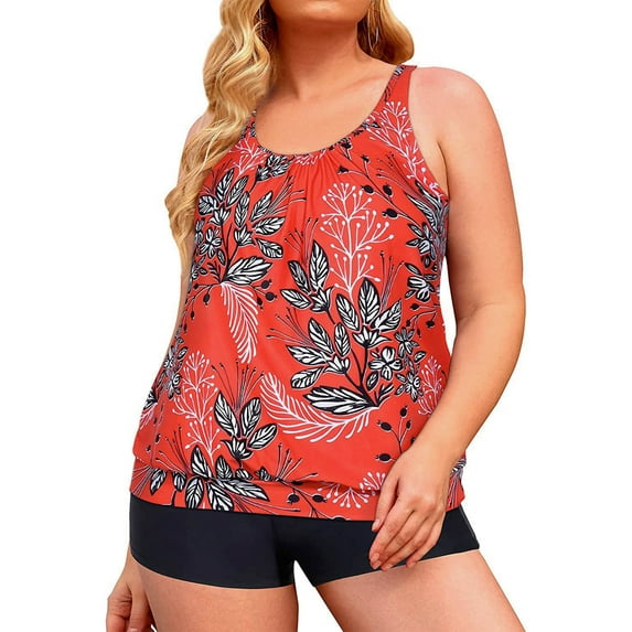 Plus Size Women's Blouson Swimwear Set: Tankini Tops with Boyshorts Two Piece Bathing Suits ...