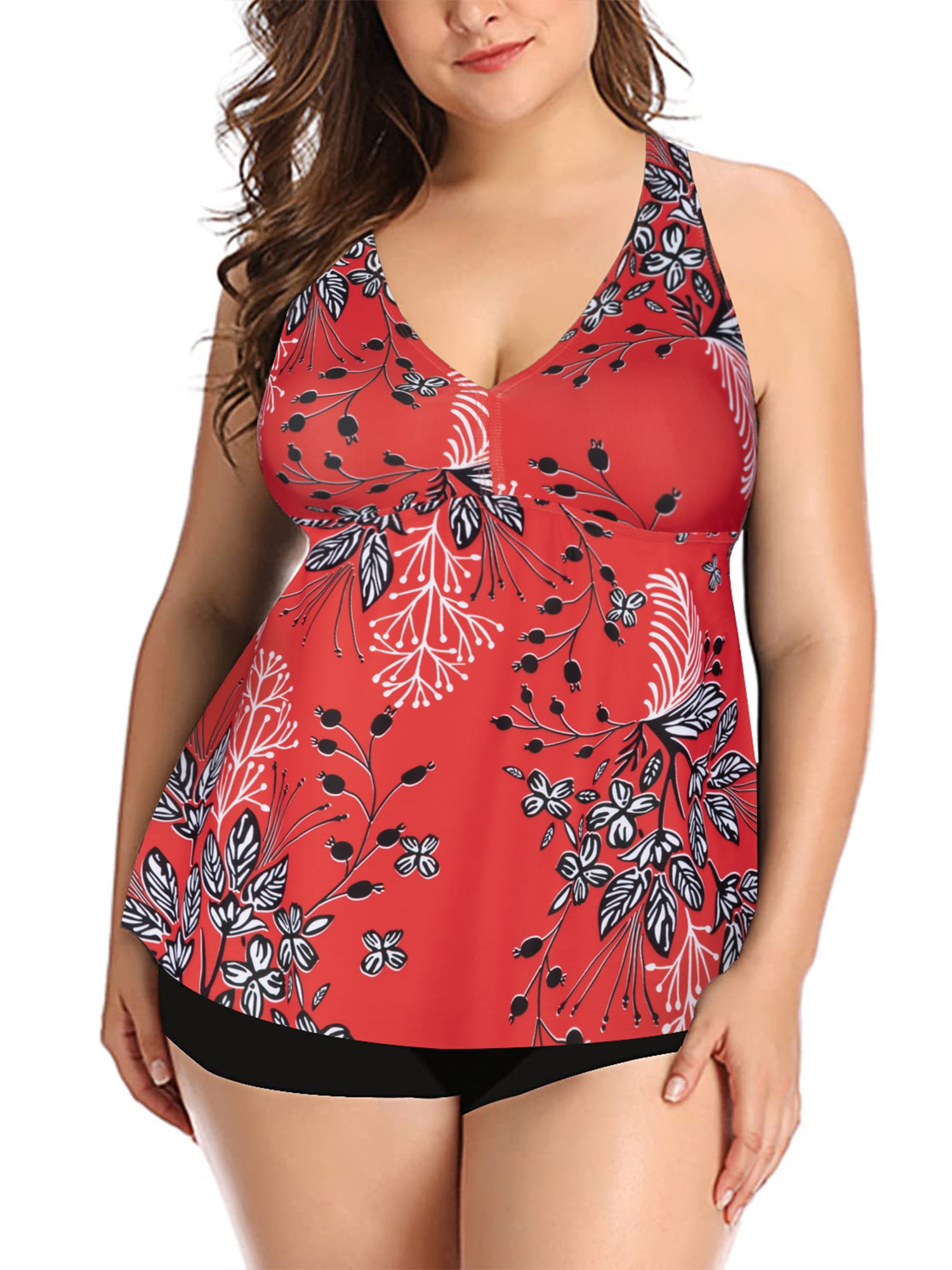Plus Size Tankini Swimsuits For Women Flowy Bathing Suits With Shorts 2 Piece V Neck Swimwear