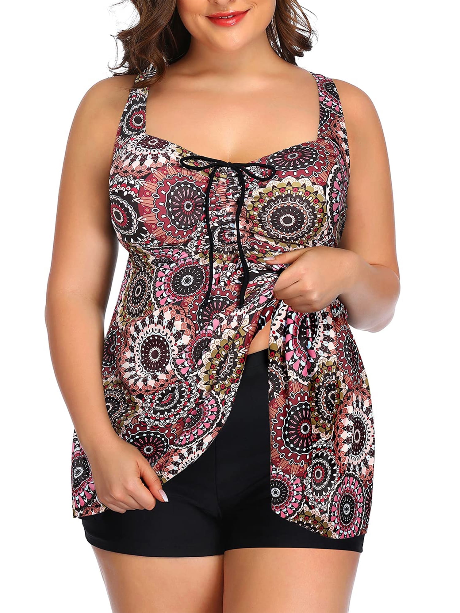 Plus Size Tankini Swimsuits for Women Two Piece Swim Top Shorts Tummy Control Bathing Suits ...