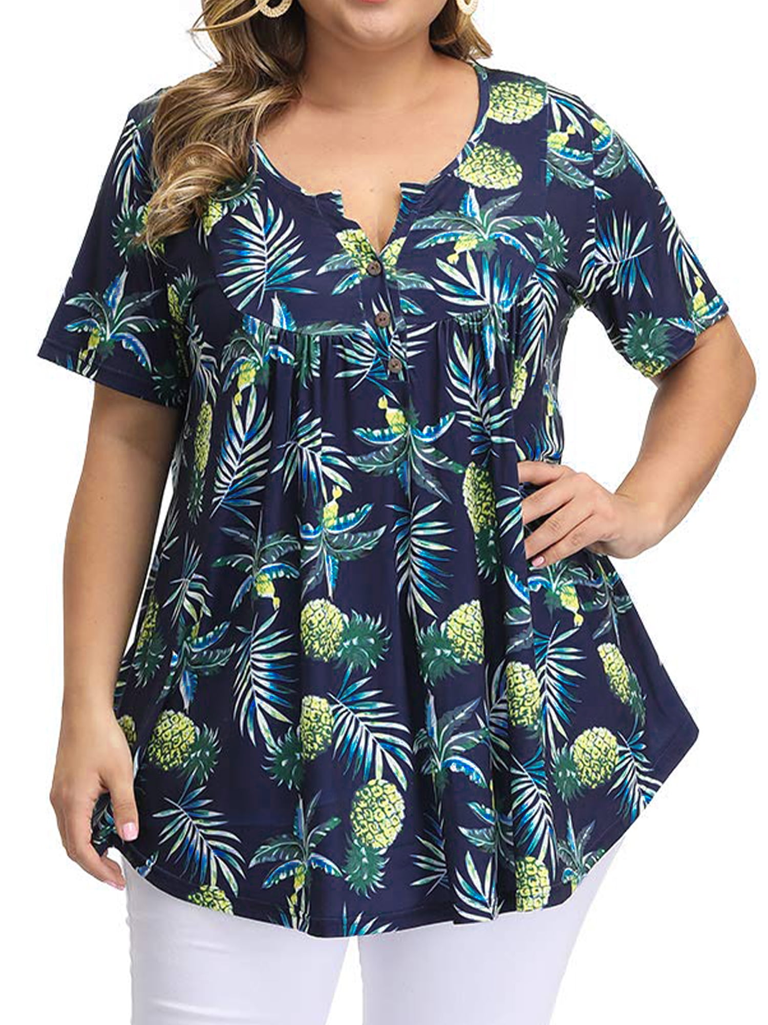 Plus Size Tops for Women Short Sleeve Buttons Up Blouses Flowy Floral ...