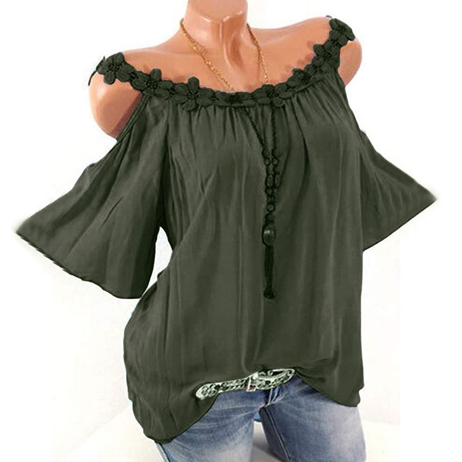 Plus Size Tops Strapless Cold Shoulder Applique Collar Round Neck ...