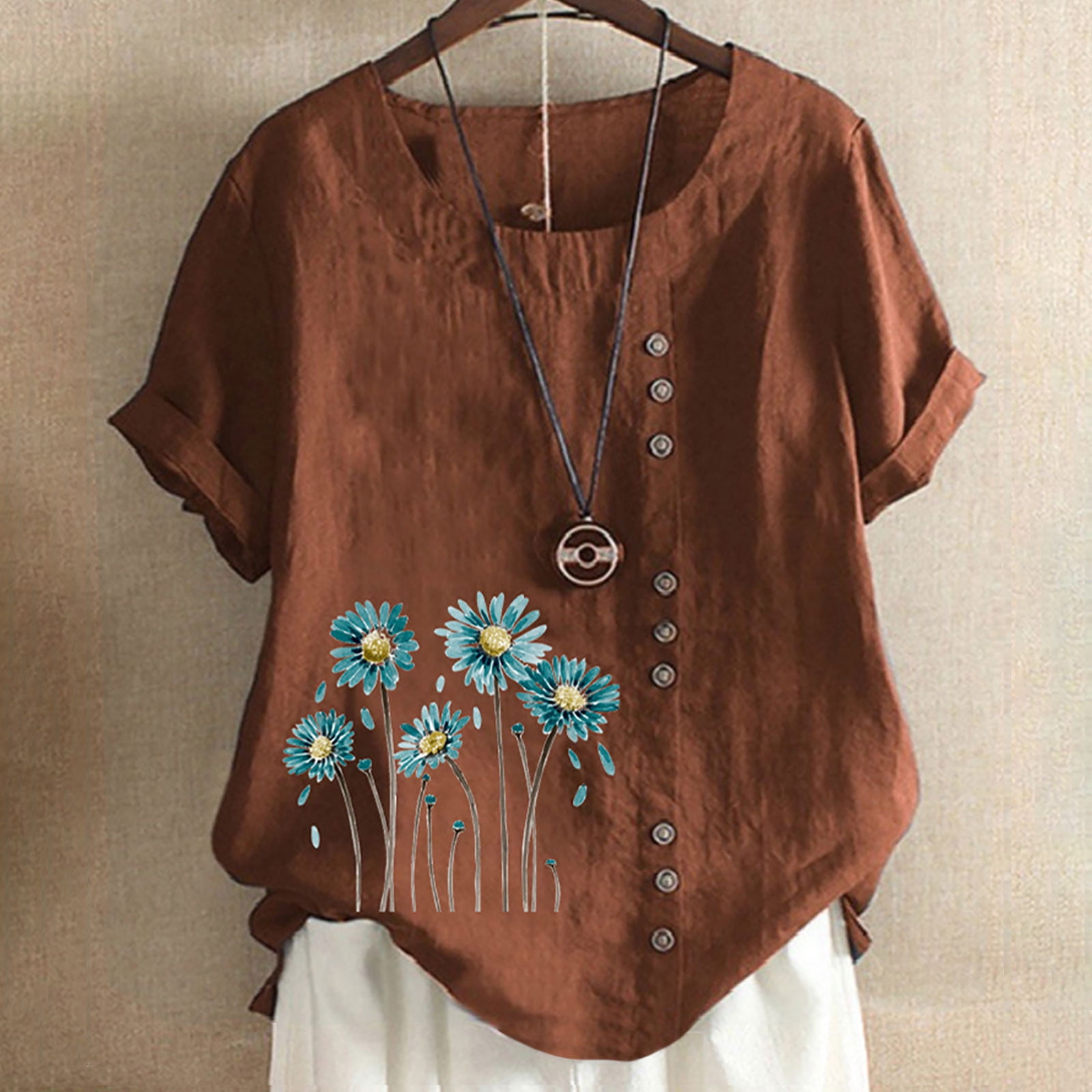 Plus Size Tops Women Cotton and Linen Tunic Blouse O-Neck Short Sleeve ...