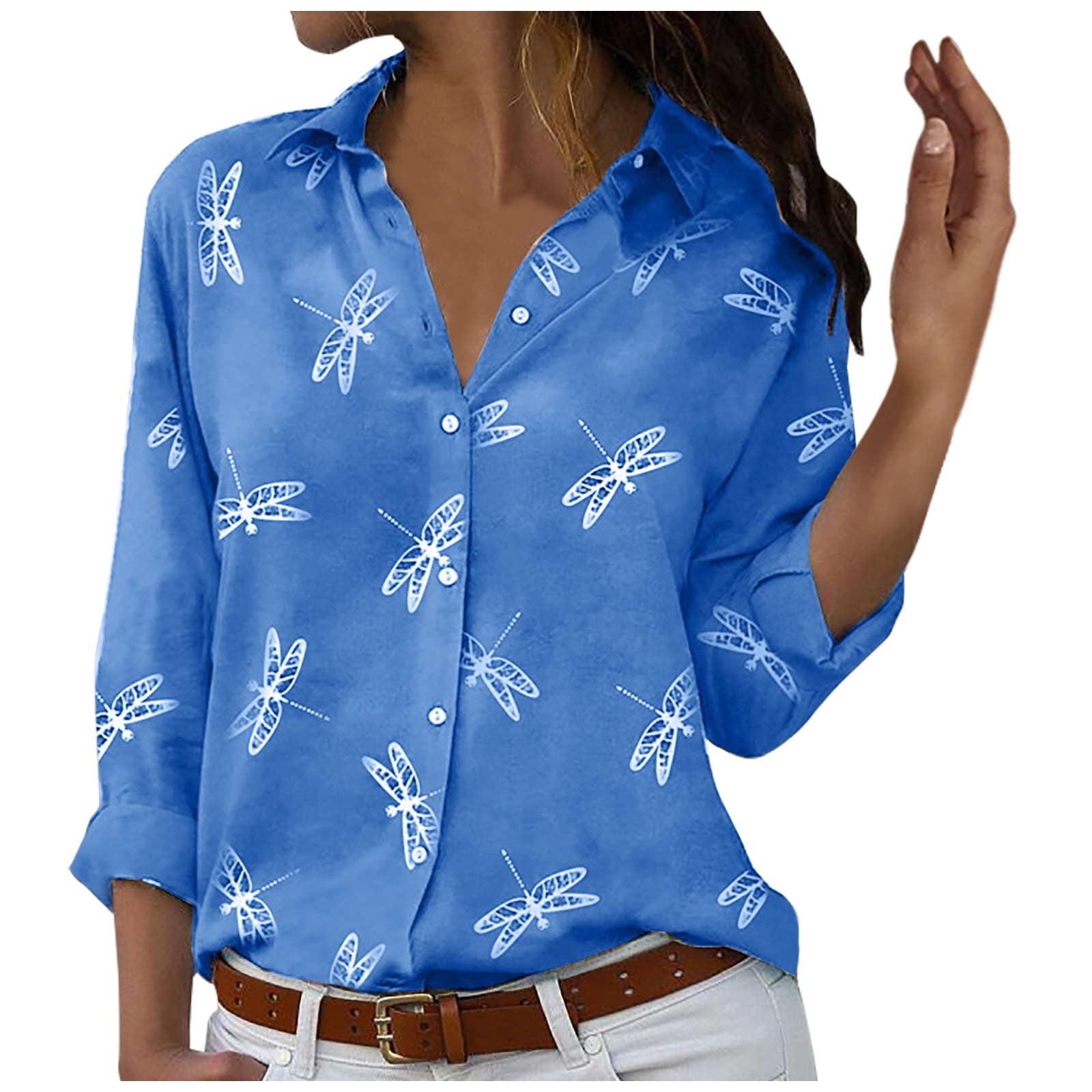 Plus Size Tops Womens Button Down Blouses Long Sleeve Turndown Collar ...