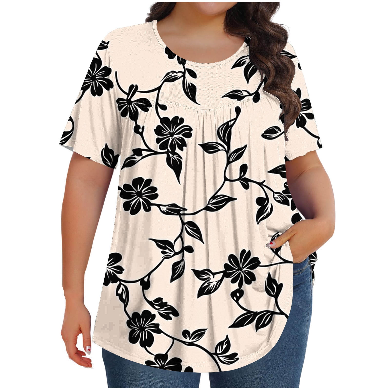 Plus Size Tops Womens Trendy Pleated Summer Graphic Tees Curved Hem ...