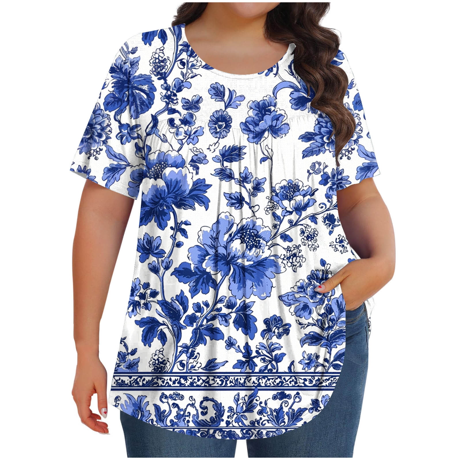 Plus Size Tops Womens Trendy Pleated Summer Graphic Tees Curved Hem ...