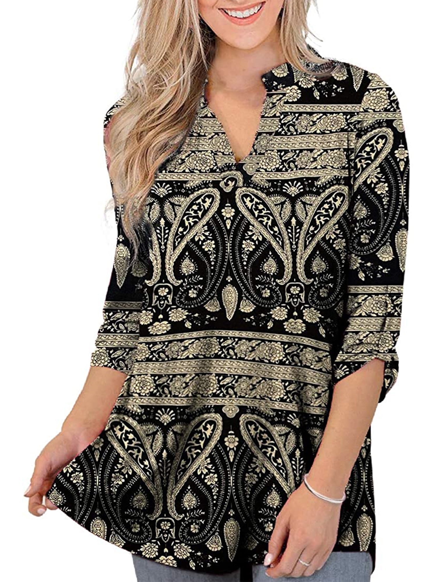 Plus Size Tops for Women 3/4 Roll Sleeve Floral Tunic Shirt Casual V ...