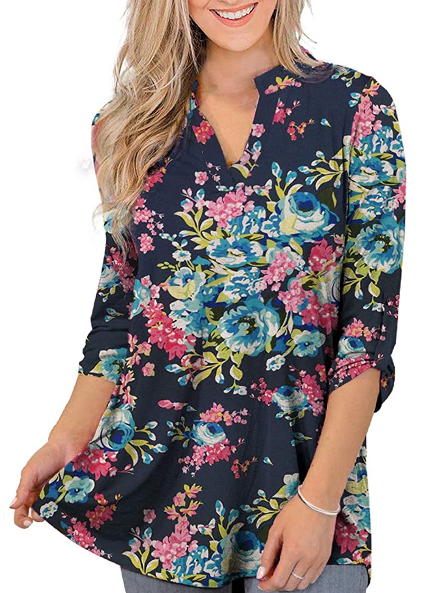 Plus Size Tops for Women 3/4 Roll Sleeve Floral Tunic Shirt Casual V ...