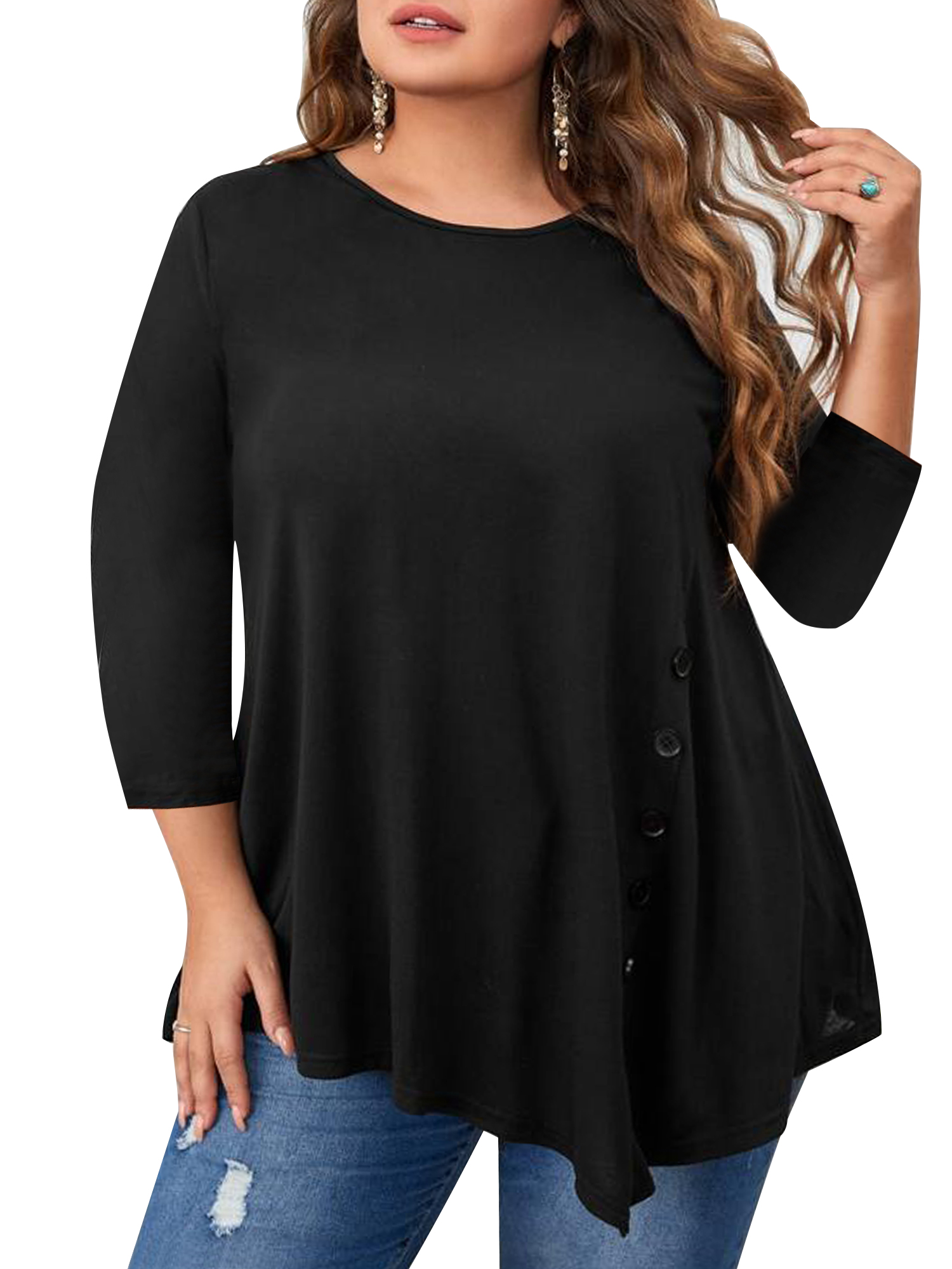 RKZDSR Womens 3/4 Sleeve T Shirts Loose Fit Plus Size Casual Round Neck ...