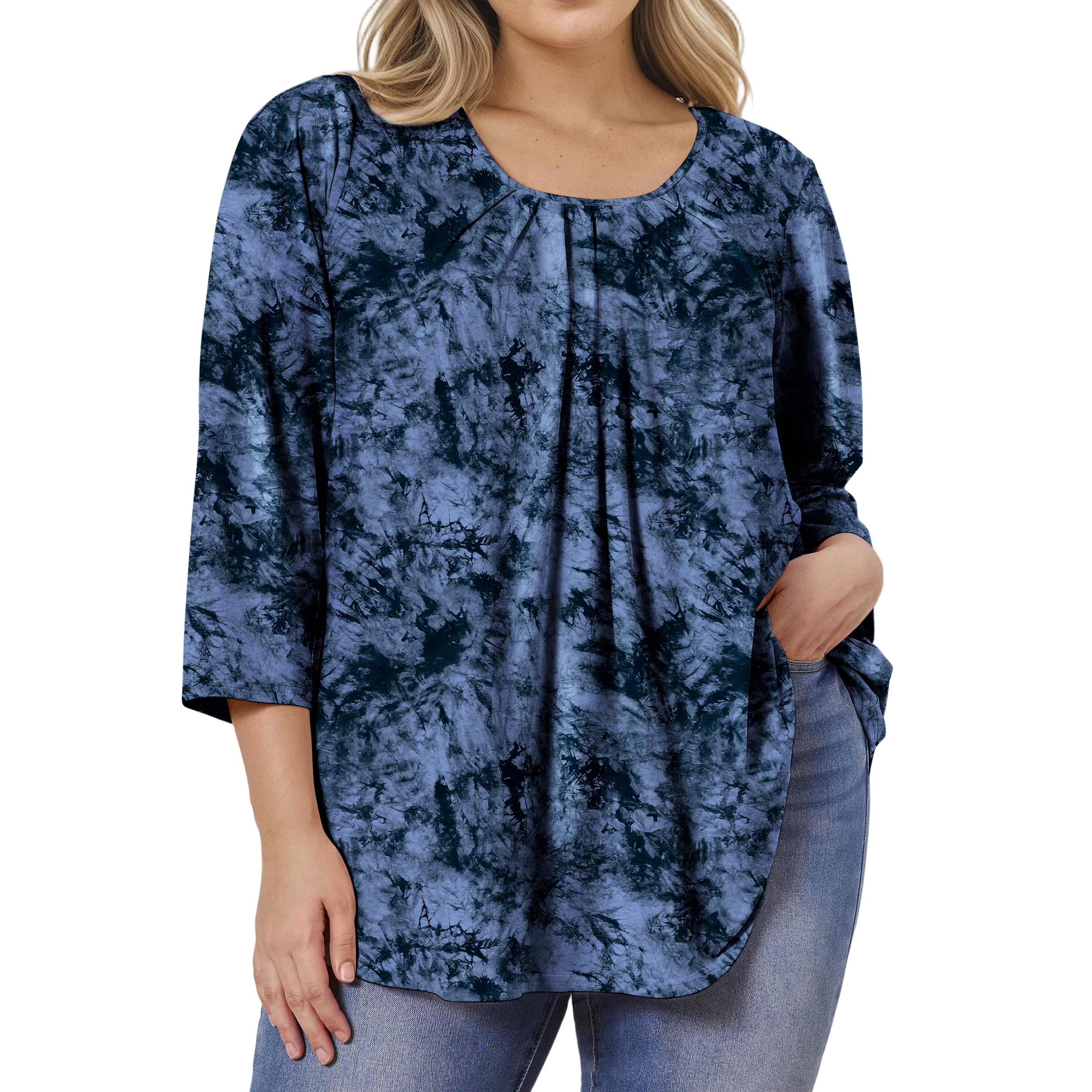 Plus Size Tops for Women Casual 3/4 Sleeve Blouses Loose Fit Pleated ...