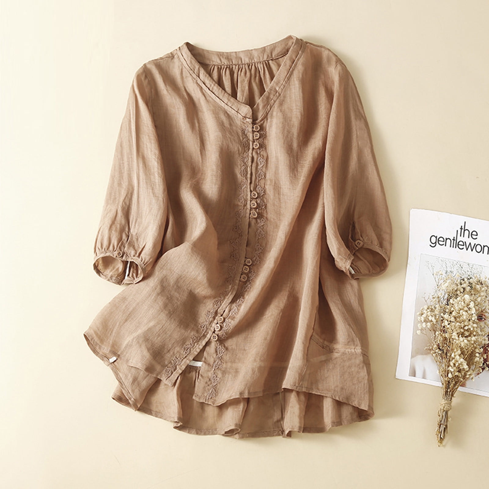 Plus Size Tops For Women Casual Cotton Linen Short Sleeve V Neck Blouse