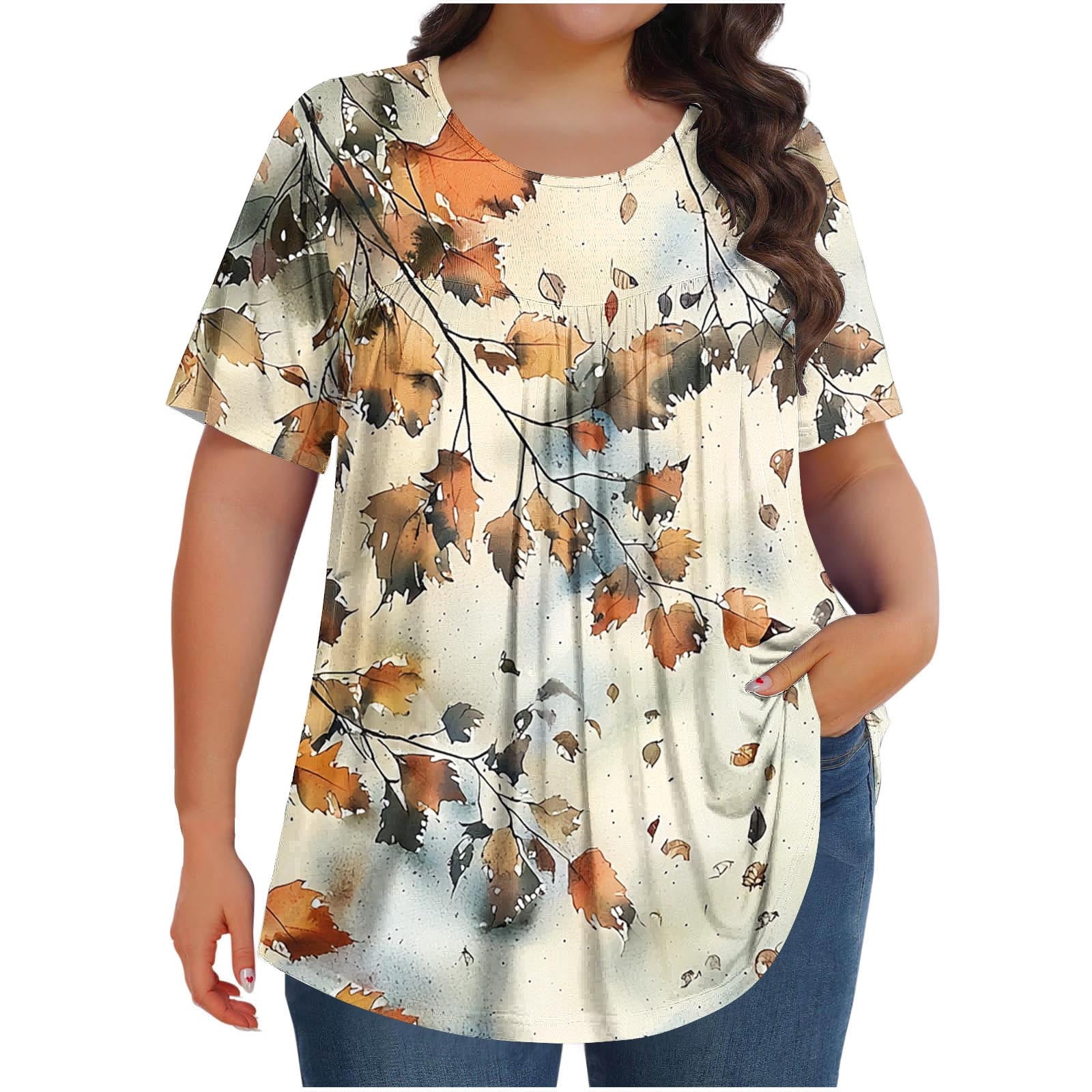 Plus Size Tops for Women Fashion Printed Plus Size Short Sleeve Solid ...