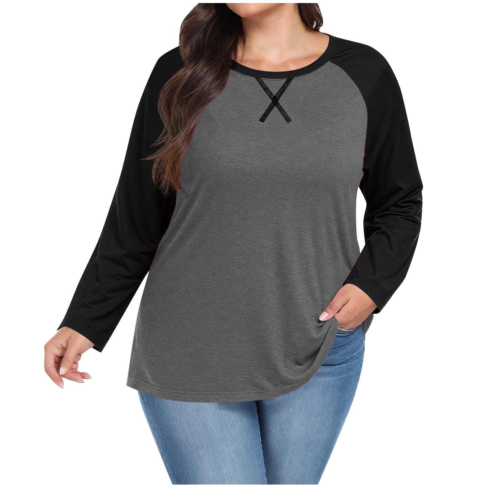 Plus Size Tops for Women Long Sleeve Raglan T-Shirt Casual Cross ...