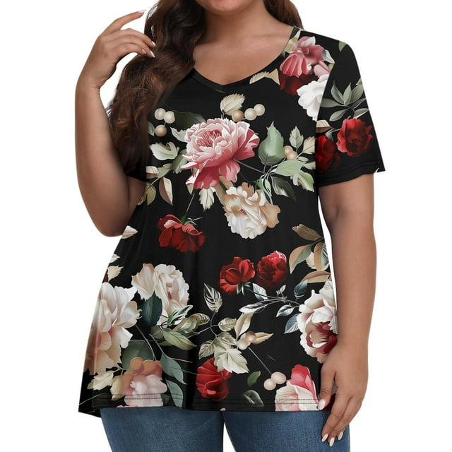 Plus Size Tops for Women Short Sleeve Tunics Floral Print Blouses V ...