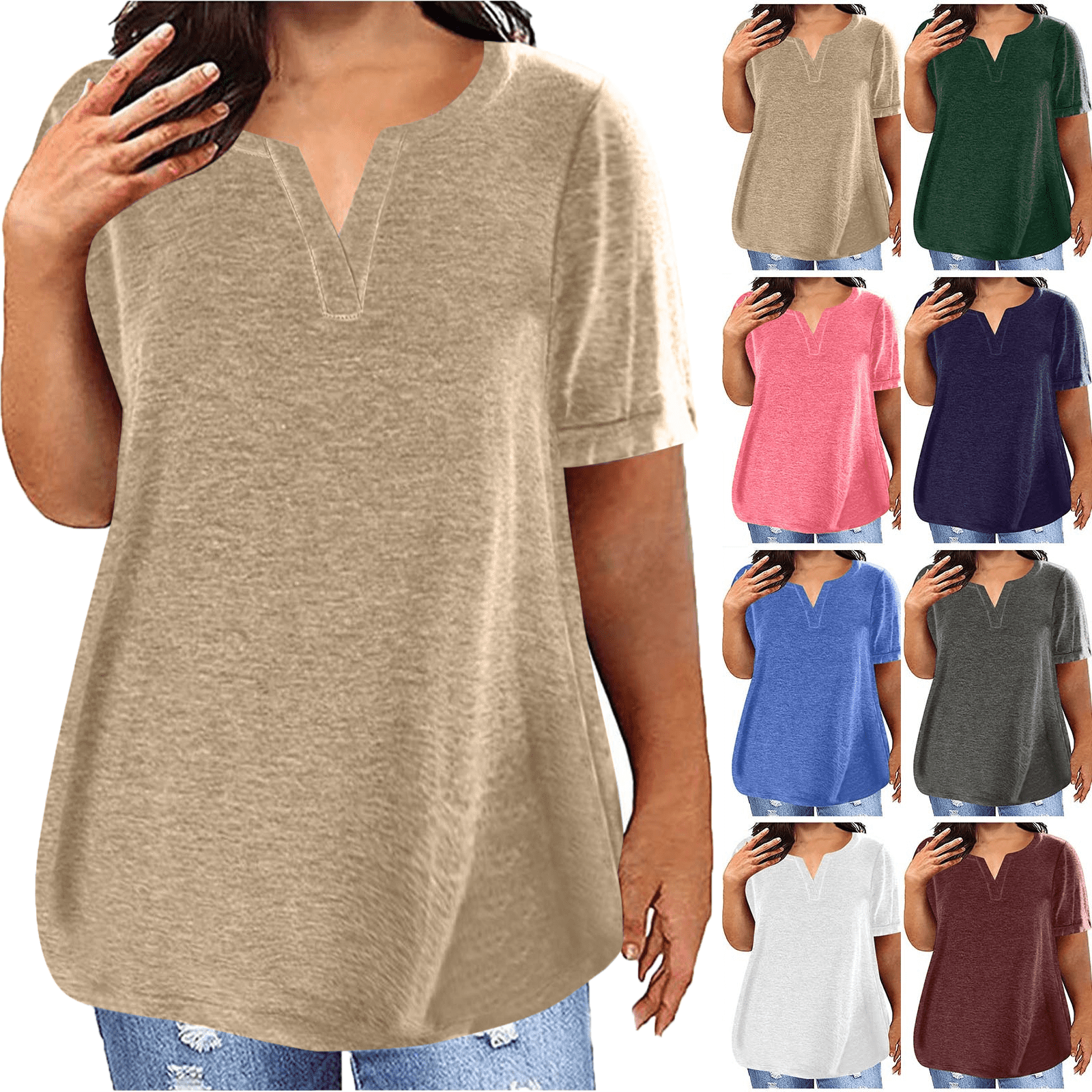 Plus Size Tops for Women Summer Top Loose Fit Tee Shirts V Neck Short ...