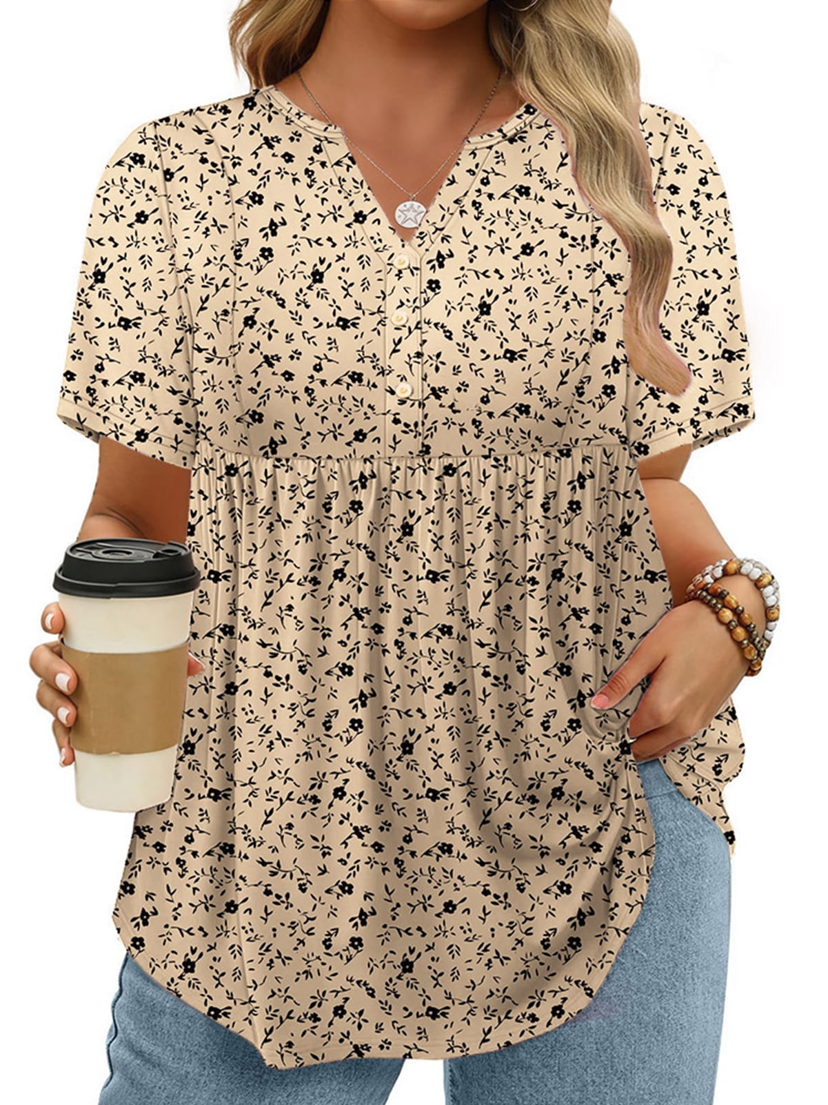 Plus Size Tops for Women Swing Short Sleeve Tunics Casual V-Neck 2025 ...