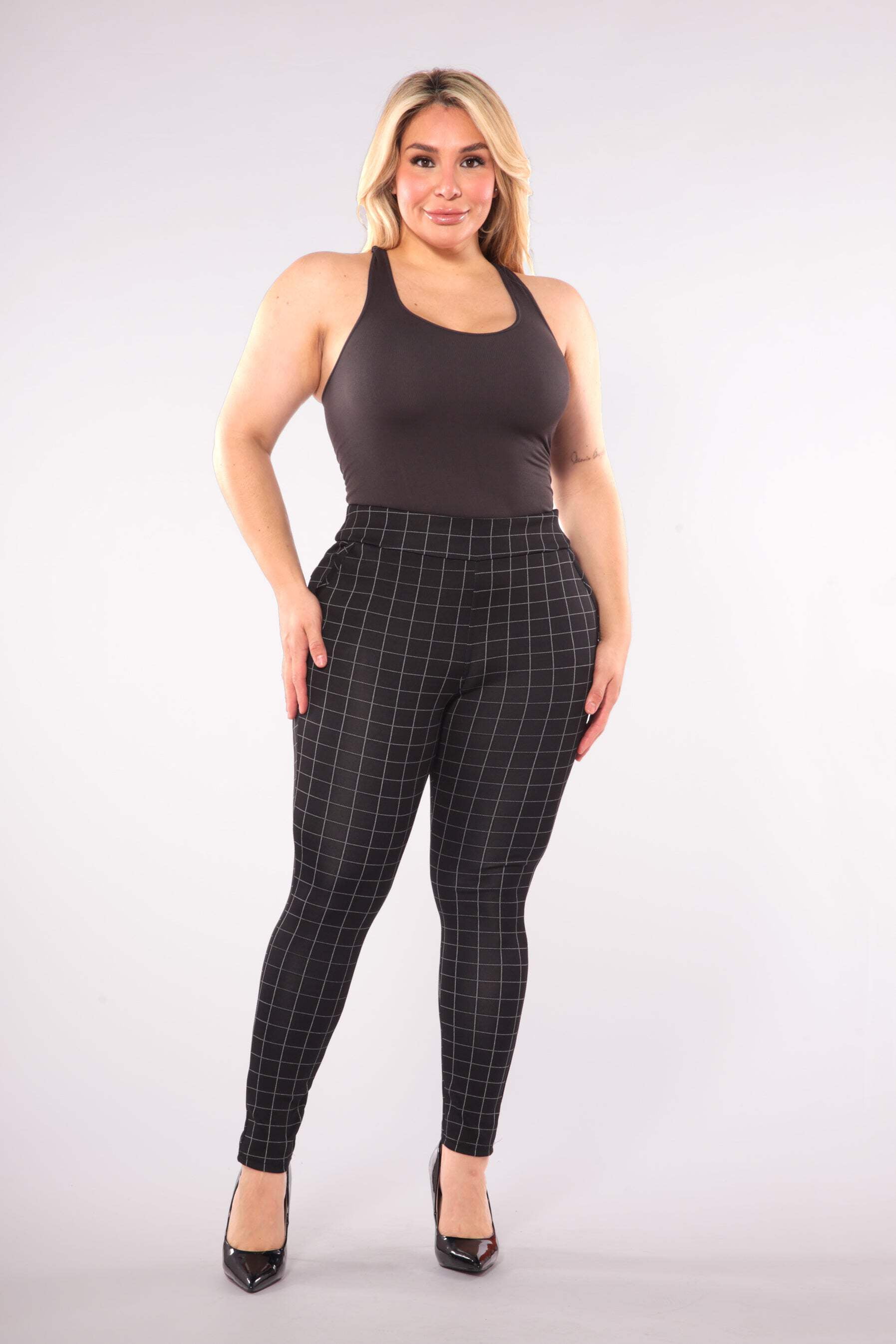 Plus Size Tummy Control Sculpting Treggings - Black White Plaid ...