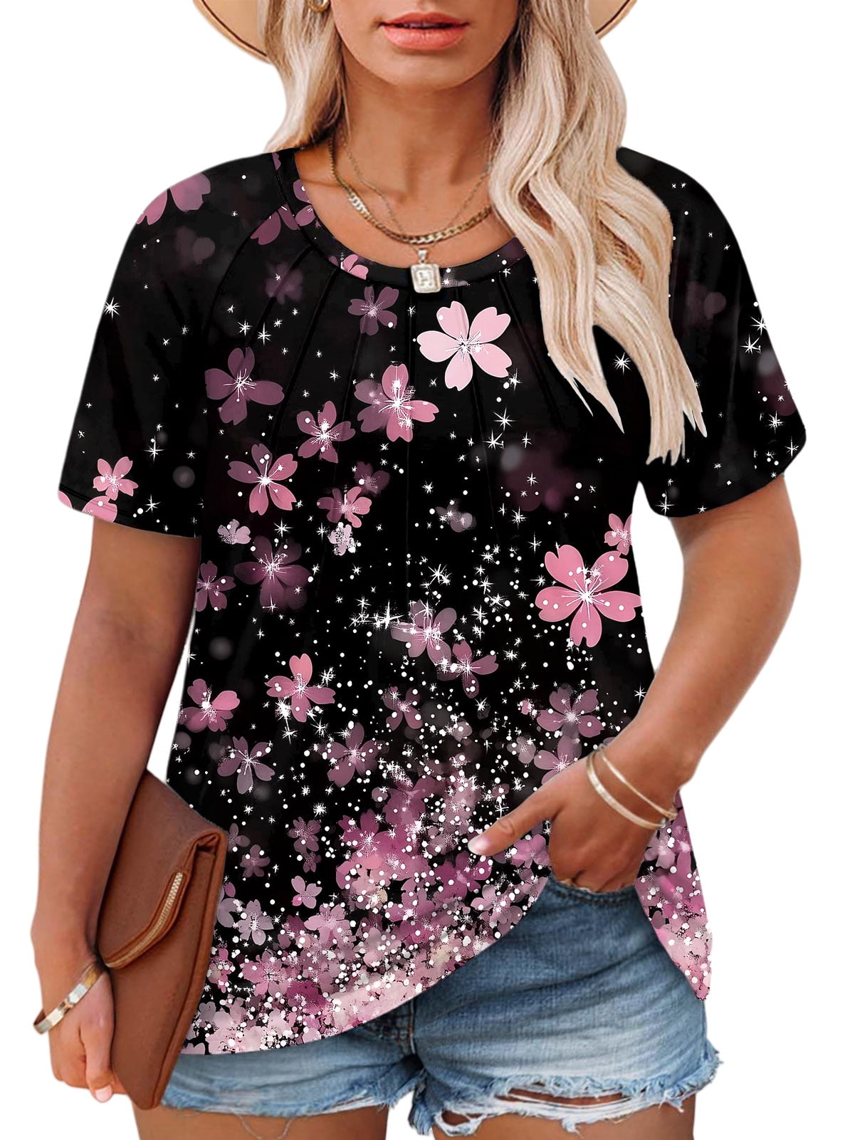 Plus Size Tunic Tops for Women Going Out Pleated Shirts Elegant Short ...