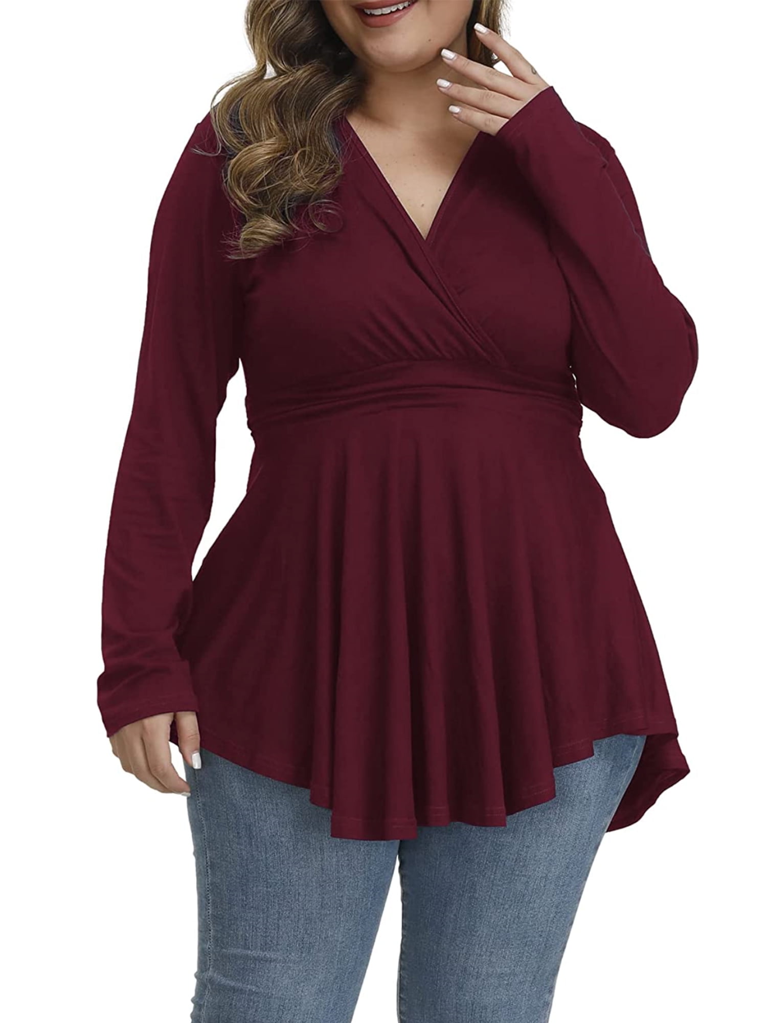 Plus Size Tunic Tops for Women Long Sleeve Faux Wrap V Neck Dressy ...