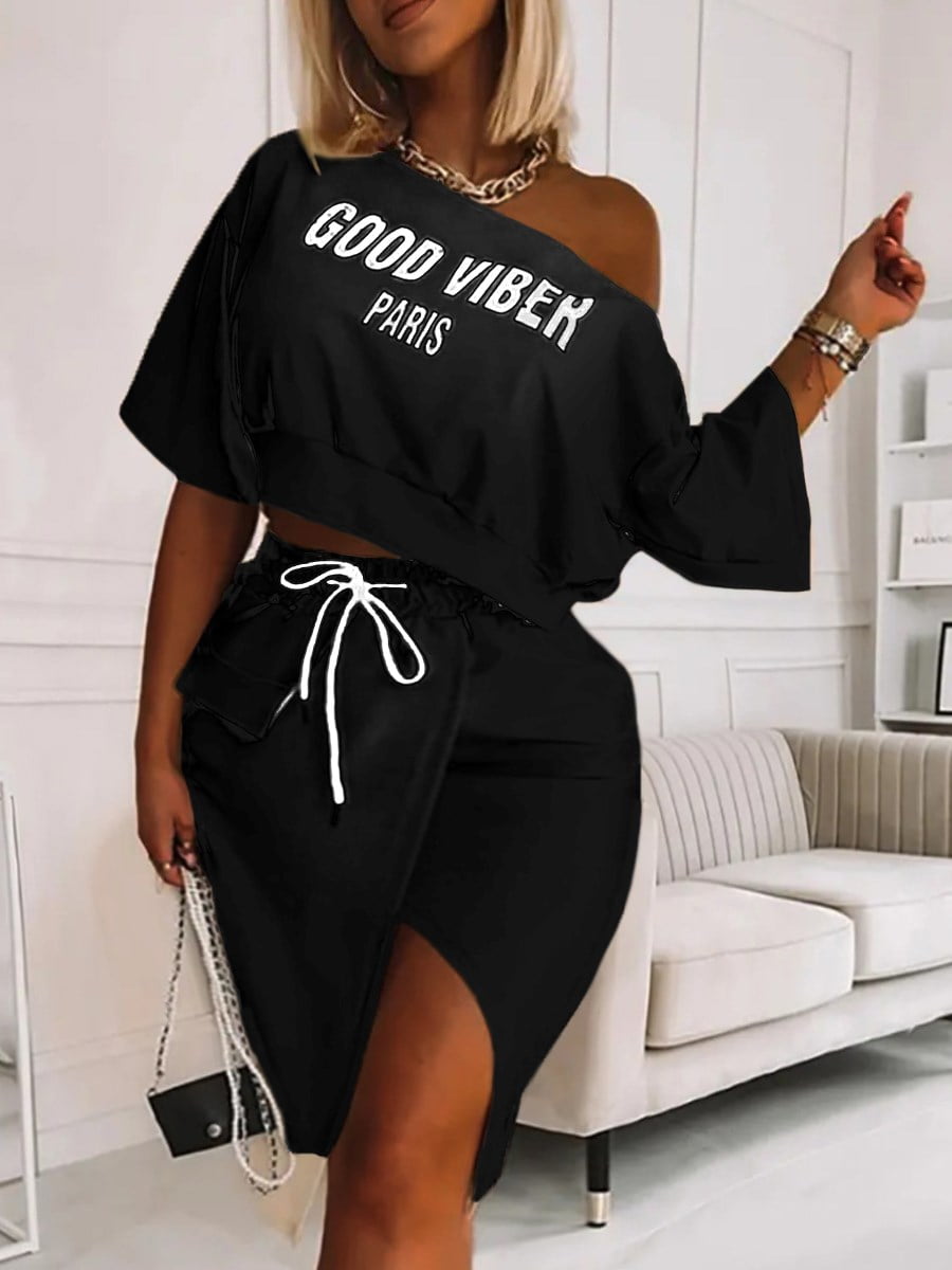 Plus Size Two Piece Good Viber One Shoulder Letter Print Set Crop Top ...